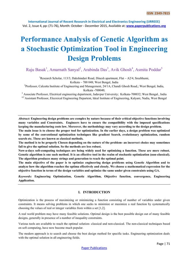 Performance Analysis of Genetic Algorithm as a Stochastic Optimization Tool in Engineering ...