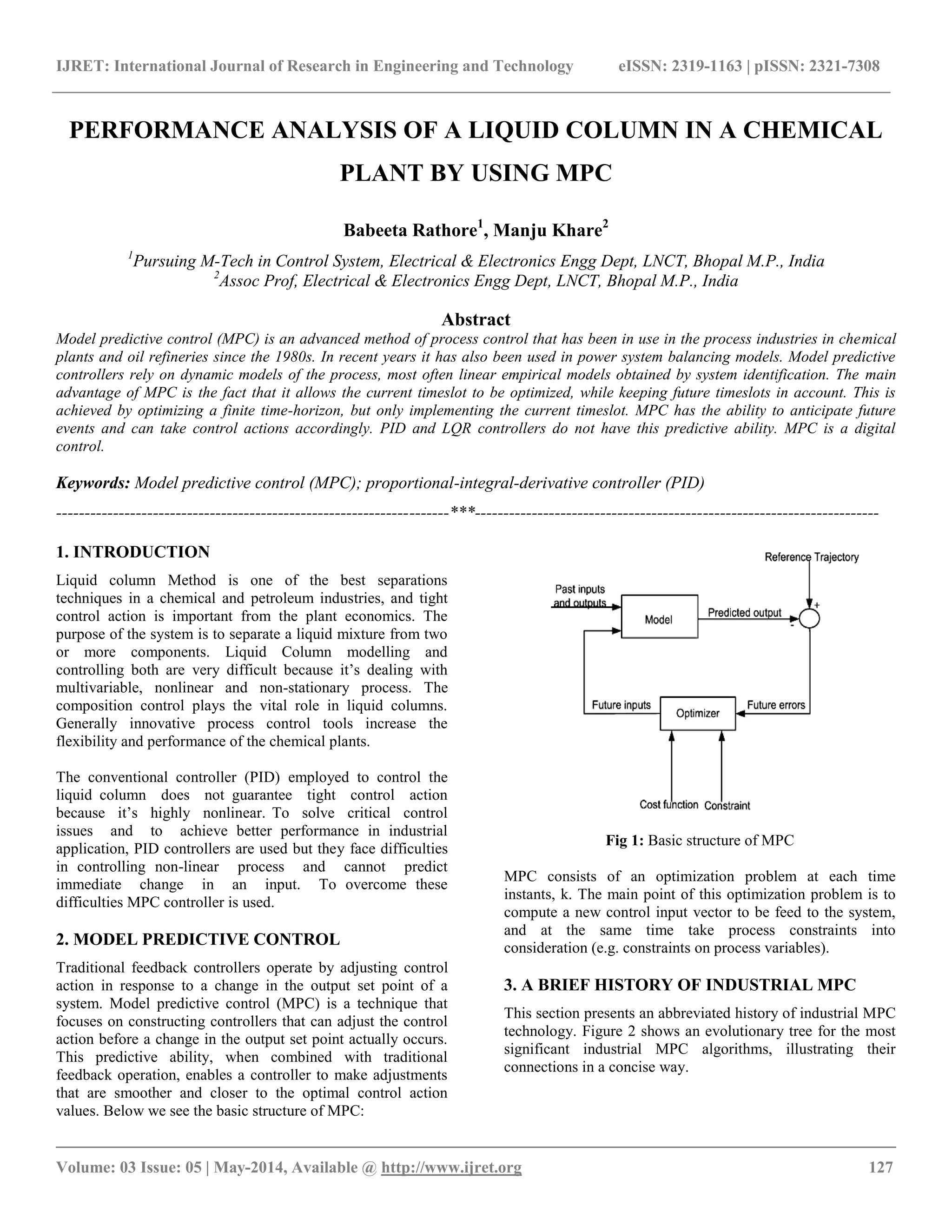 Performance analysis of a liquid column in a chemical plant by using mpc | PDF