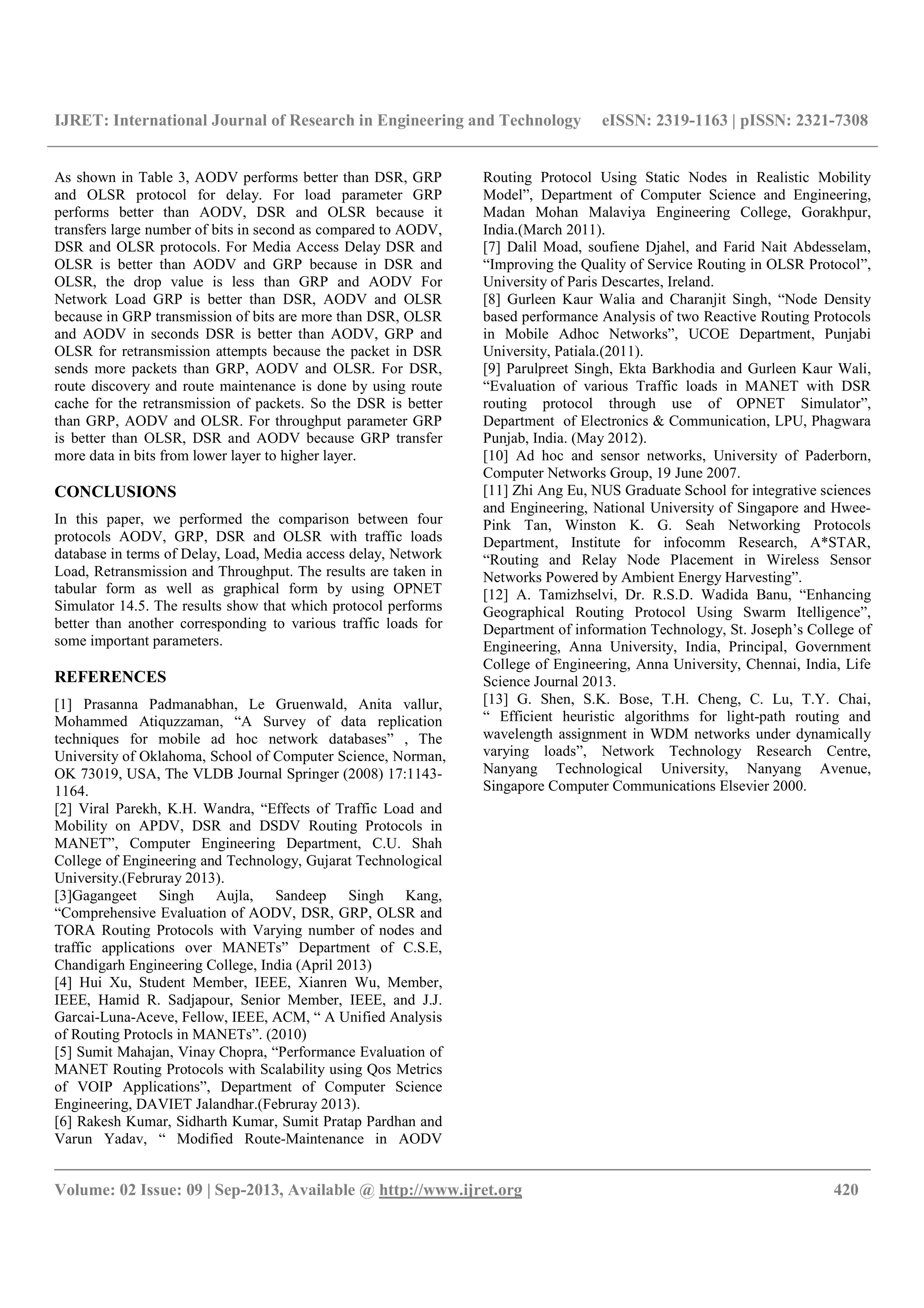 Performance analysis of aodv, olsr, grp and dsr routing | PDF