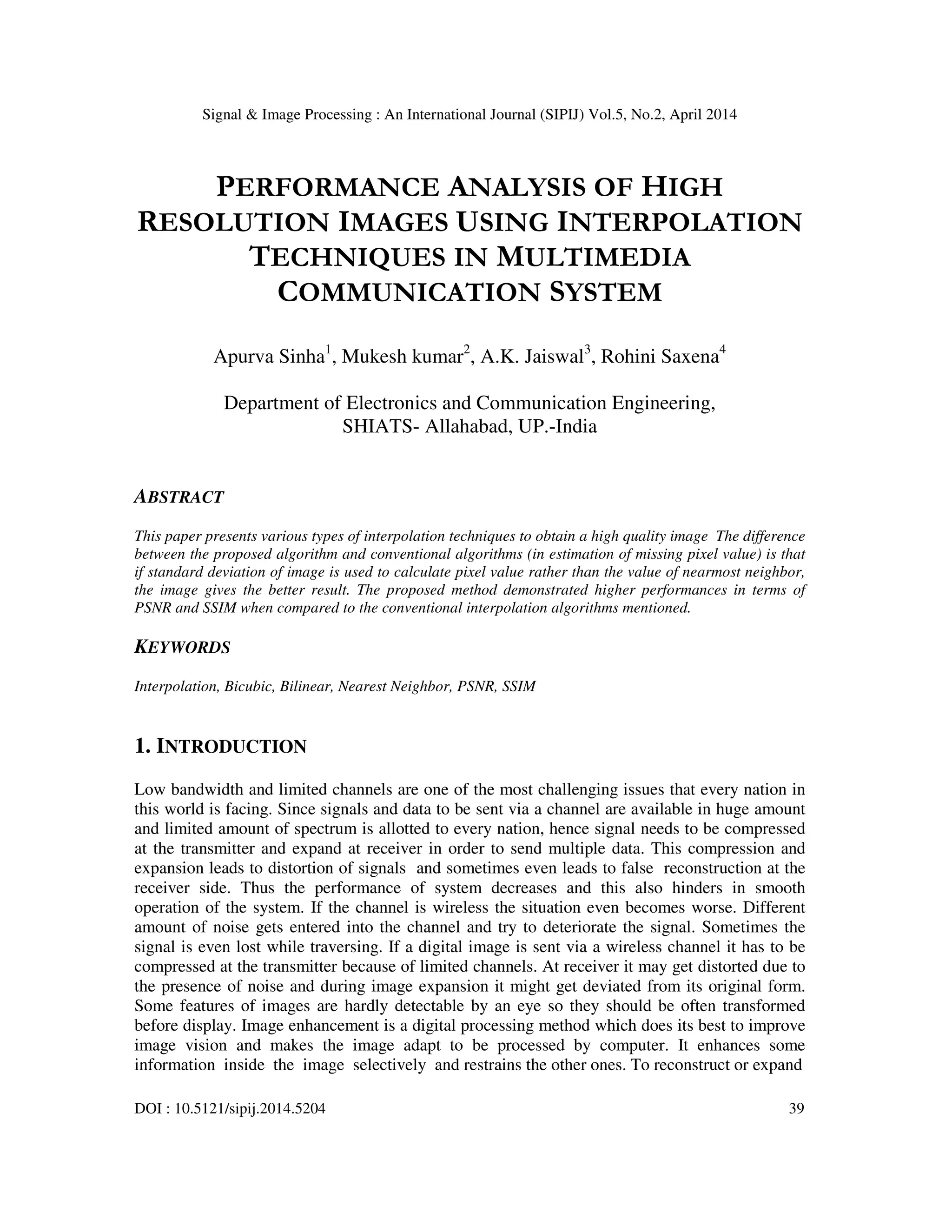 Performance analysis of high resolution images using interpolation ...