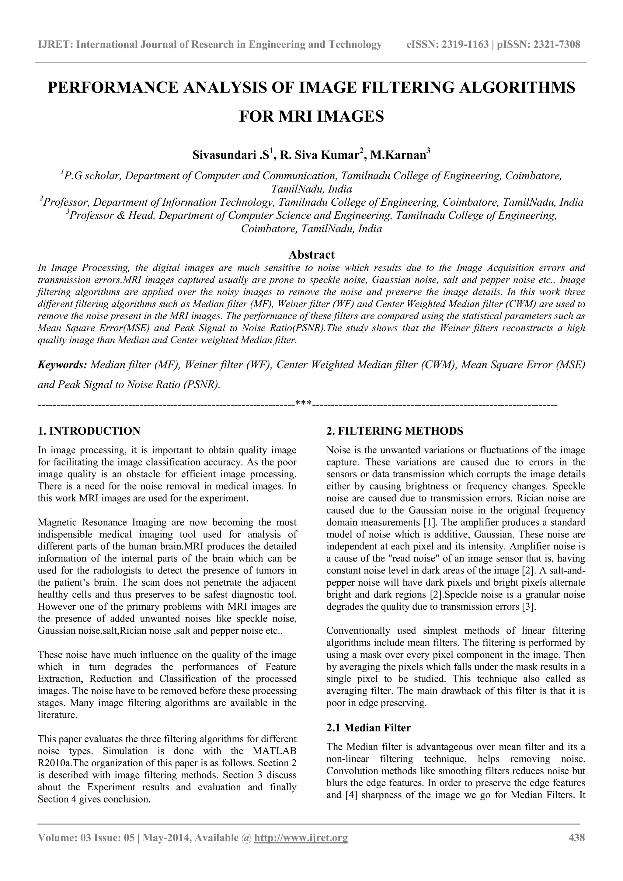 Performance Analysis Of Image Filtering Algorithms For Mri Images Pdf