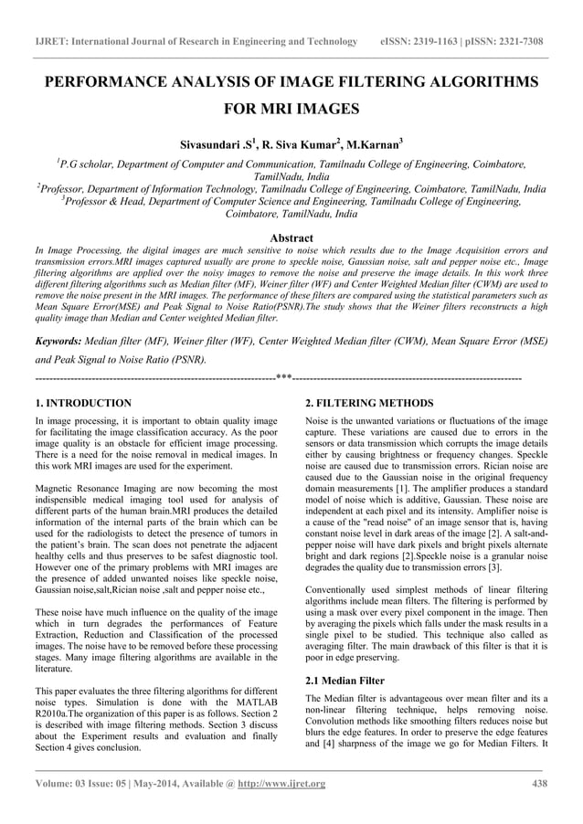 Performance analysis of image filtering algorithms for mri images | PDF