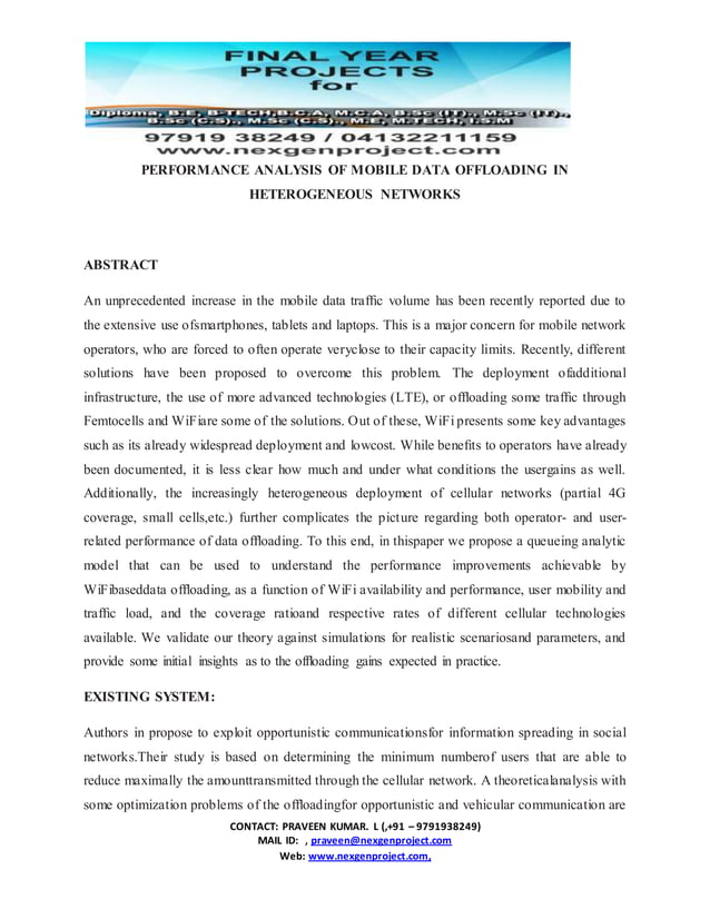 PERFORMANCE ANALYSIS OF MOBILE DATA OFFLOADING IN HETEROGENEOUS NETWORKS | PDF