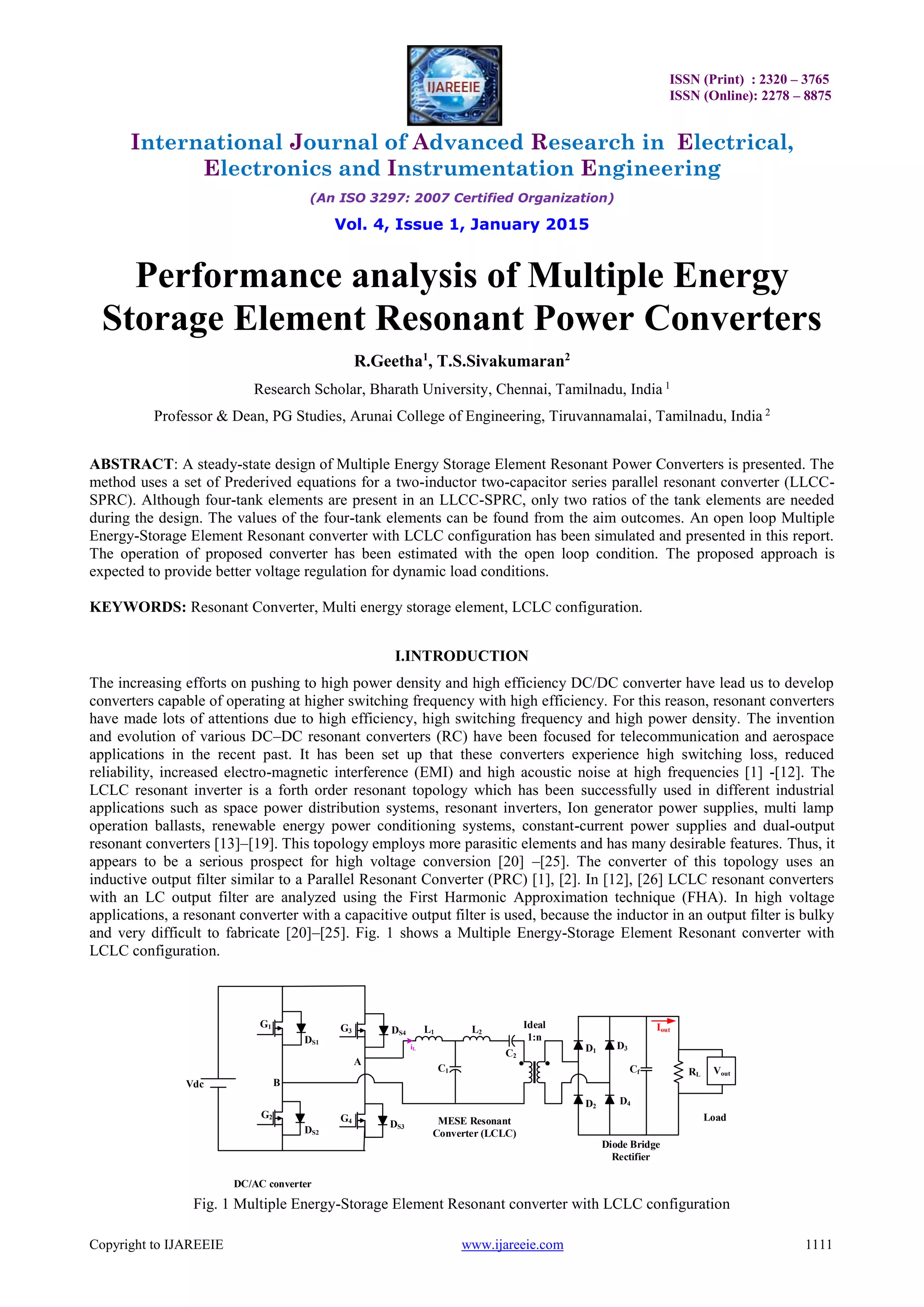 Performance analysis of multiple energy storage element resonant power converters | PDF