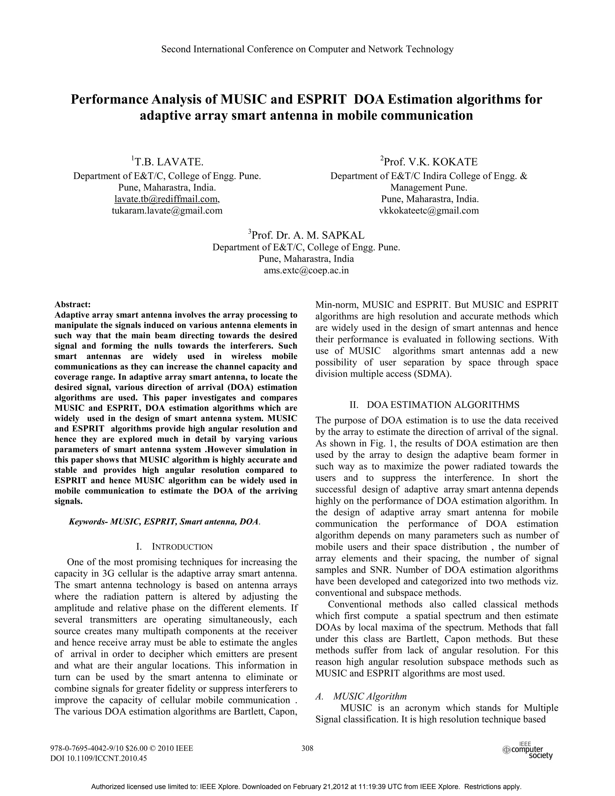 Performance Analysis Of Music And Esprit Doa Estimation Algorithms For Adaptive Array Smart