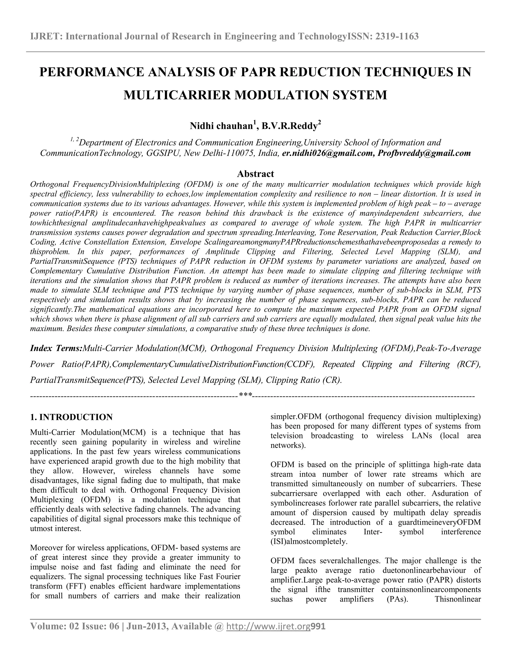 Performance Analysis Of Papr Reduction Techniques In Multicarrier