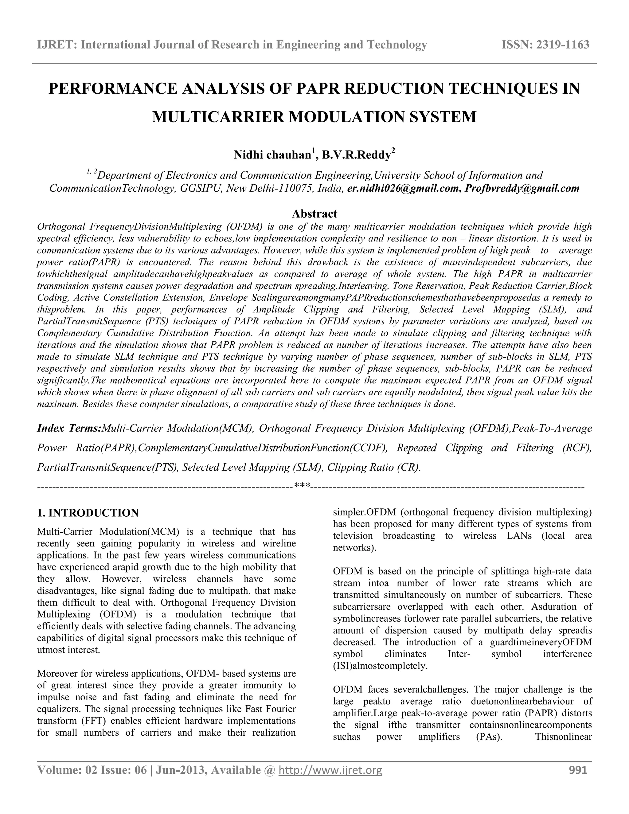 Performance Analysis Of Papr Reduction Techniques In Multicarrier Modulation System Pdf
