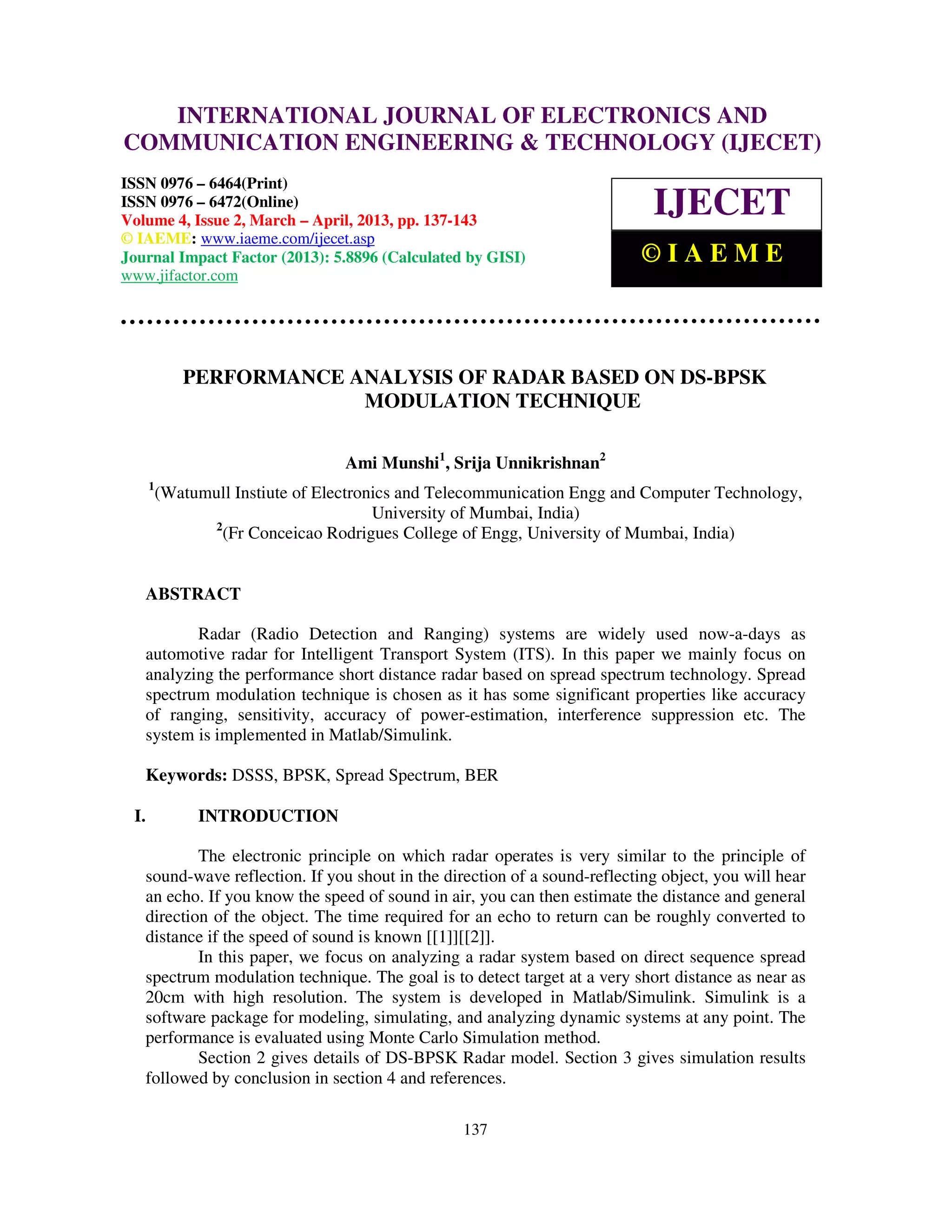 Performance Analysis Of Radar Based On Ds Bpsk Modulation Technique Pdf
