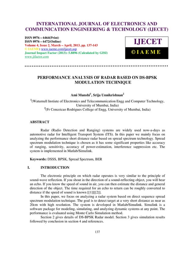 Performance Analysis Of Radar Based On Ds Bpsk Modulation Technique Pdf