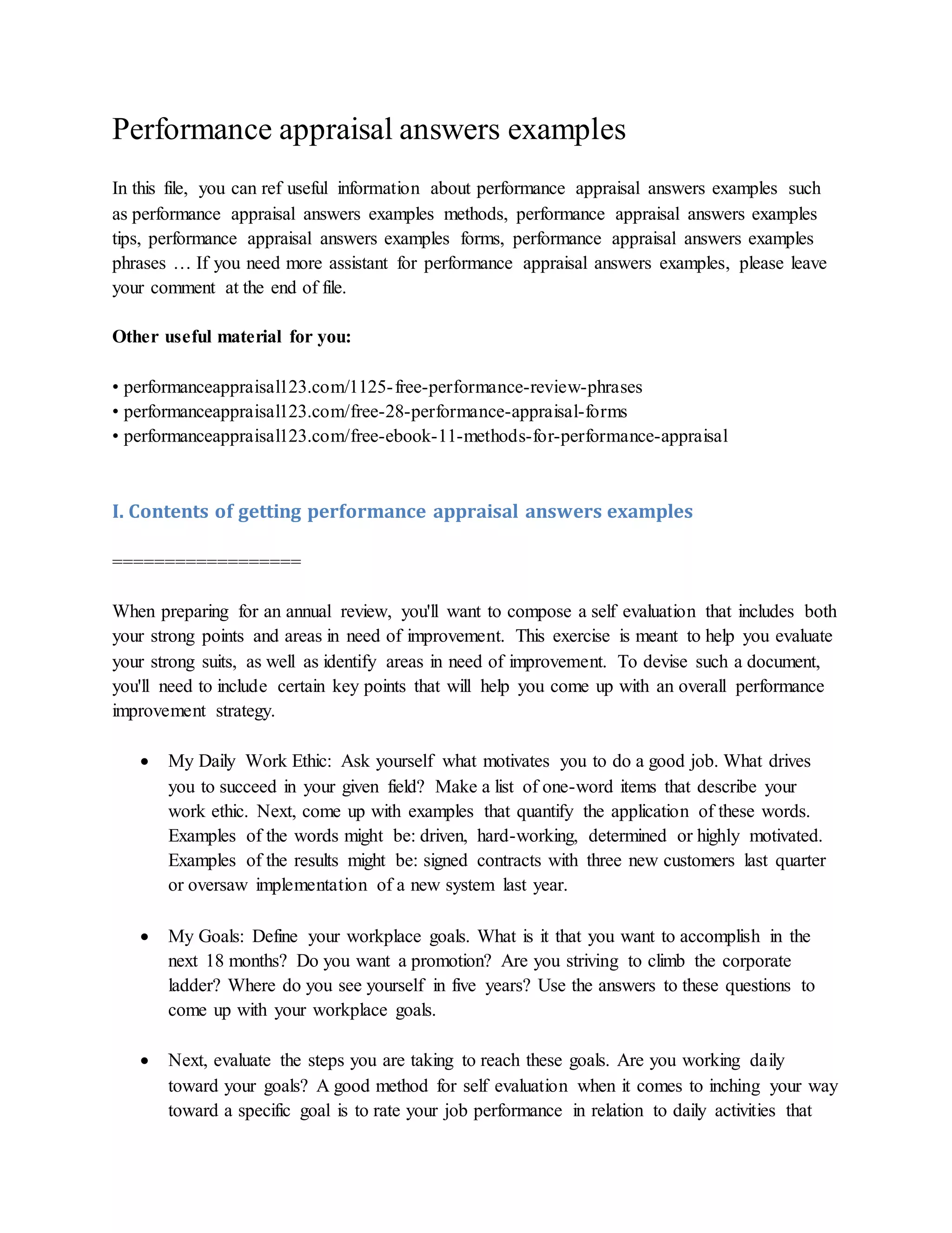 Performance appraisal answers examples | DOCX