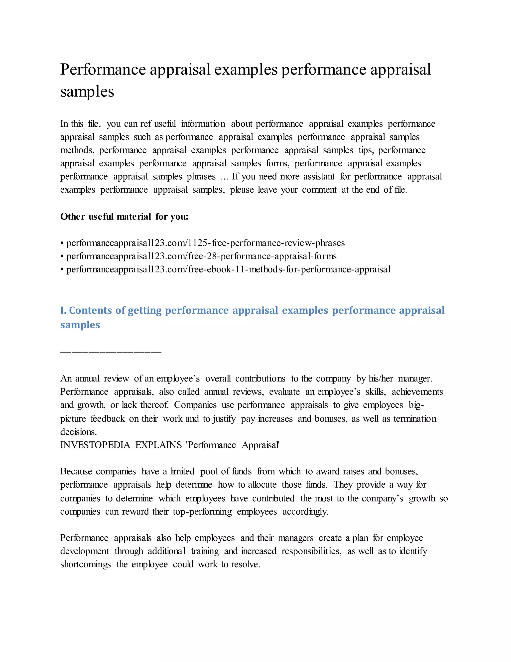 Performance appraisal examples performance appraisal samples | DOCX