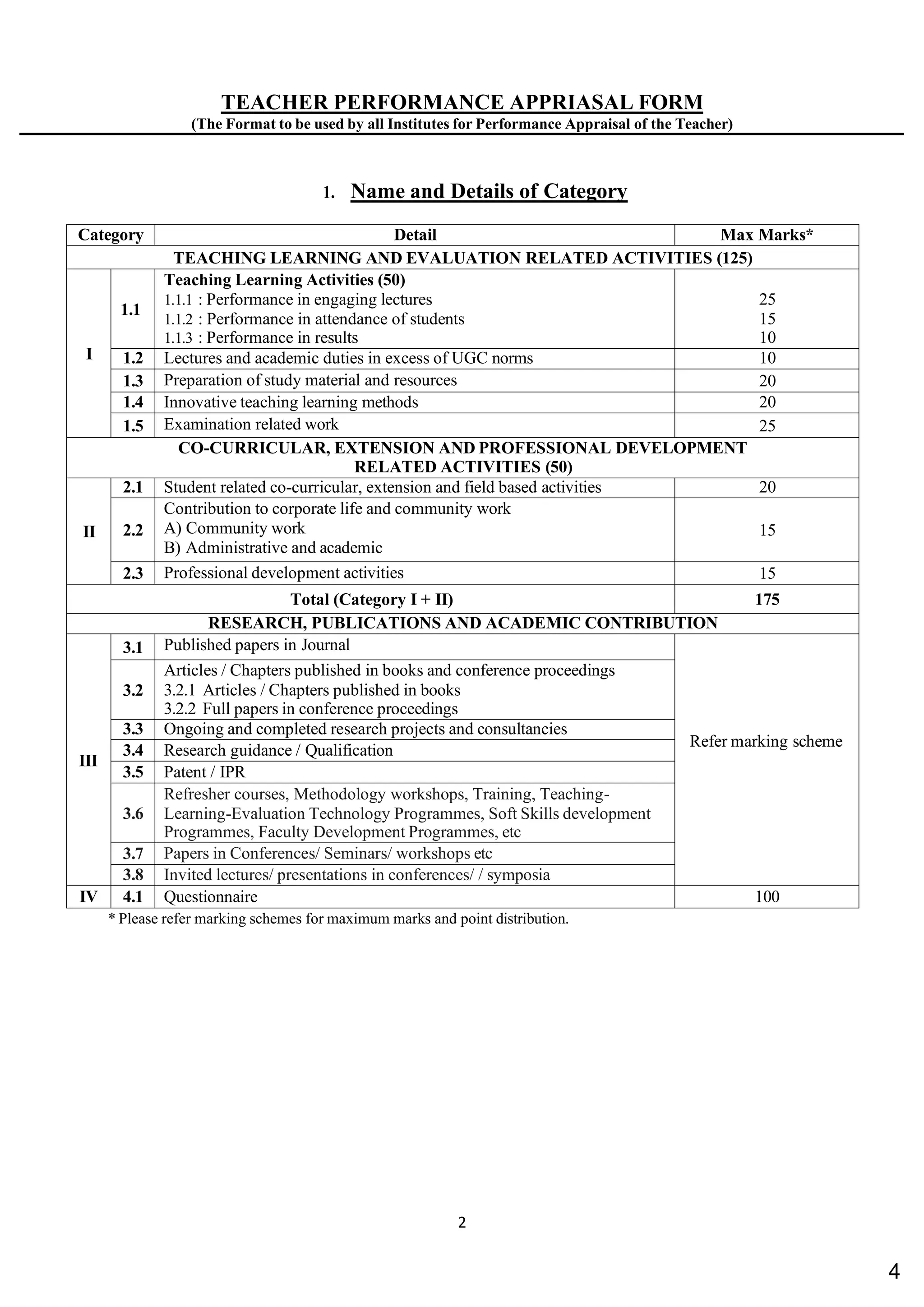 PERFORMANCE APPRAISAL FORM AS PER UGC AICTE NORMS | PDF