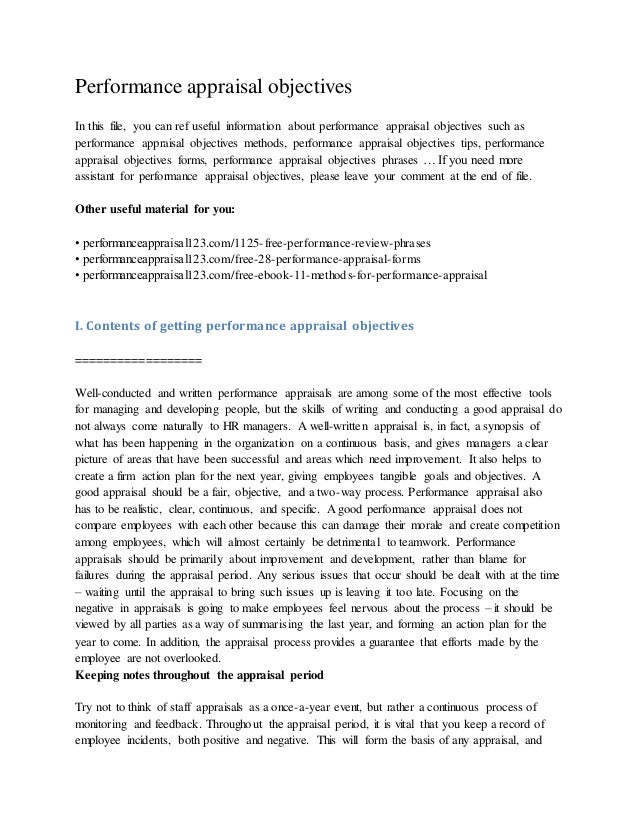 Performance Appraisal Objectives Performance Appraisal Objectives