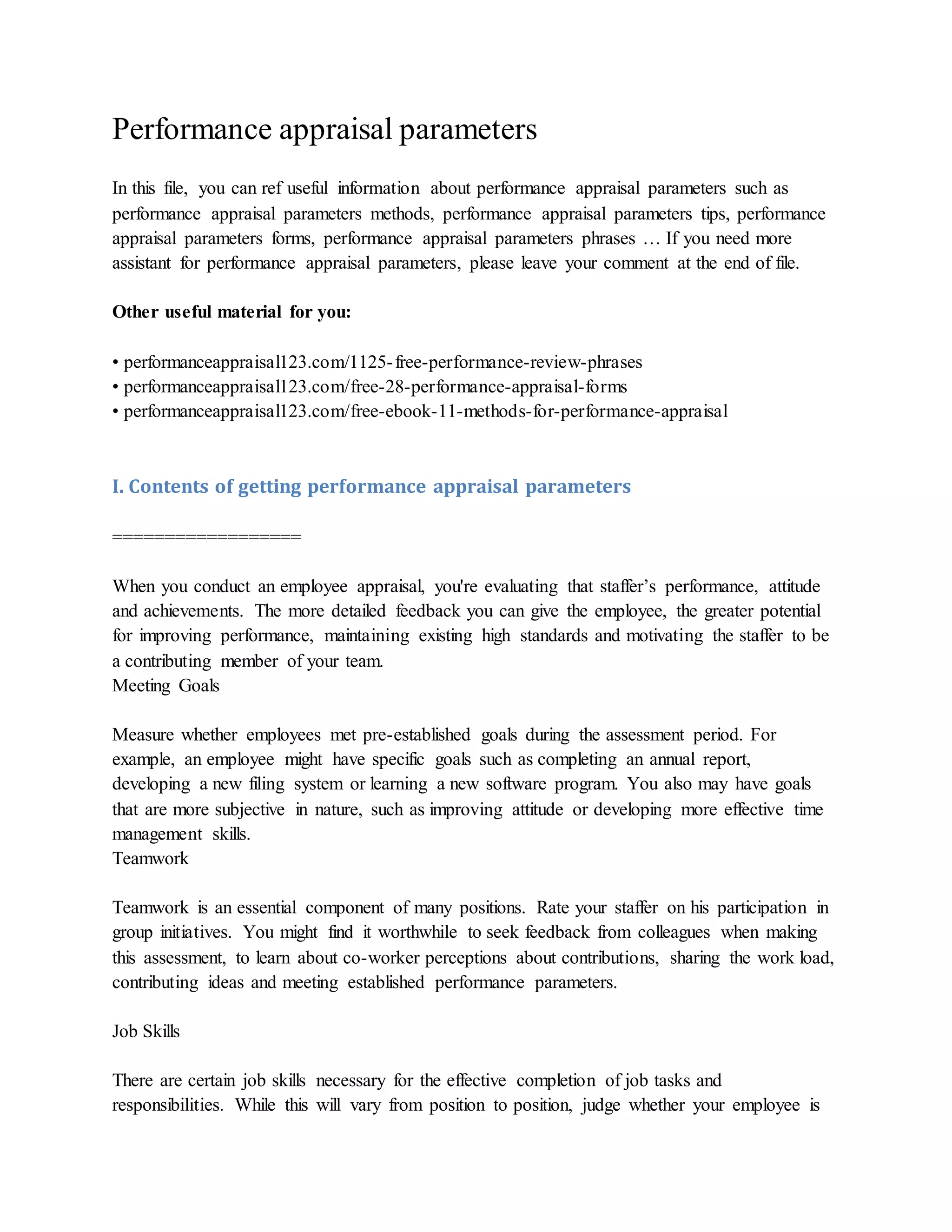 Performance appraisal parameters | DOCX