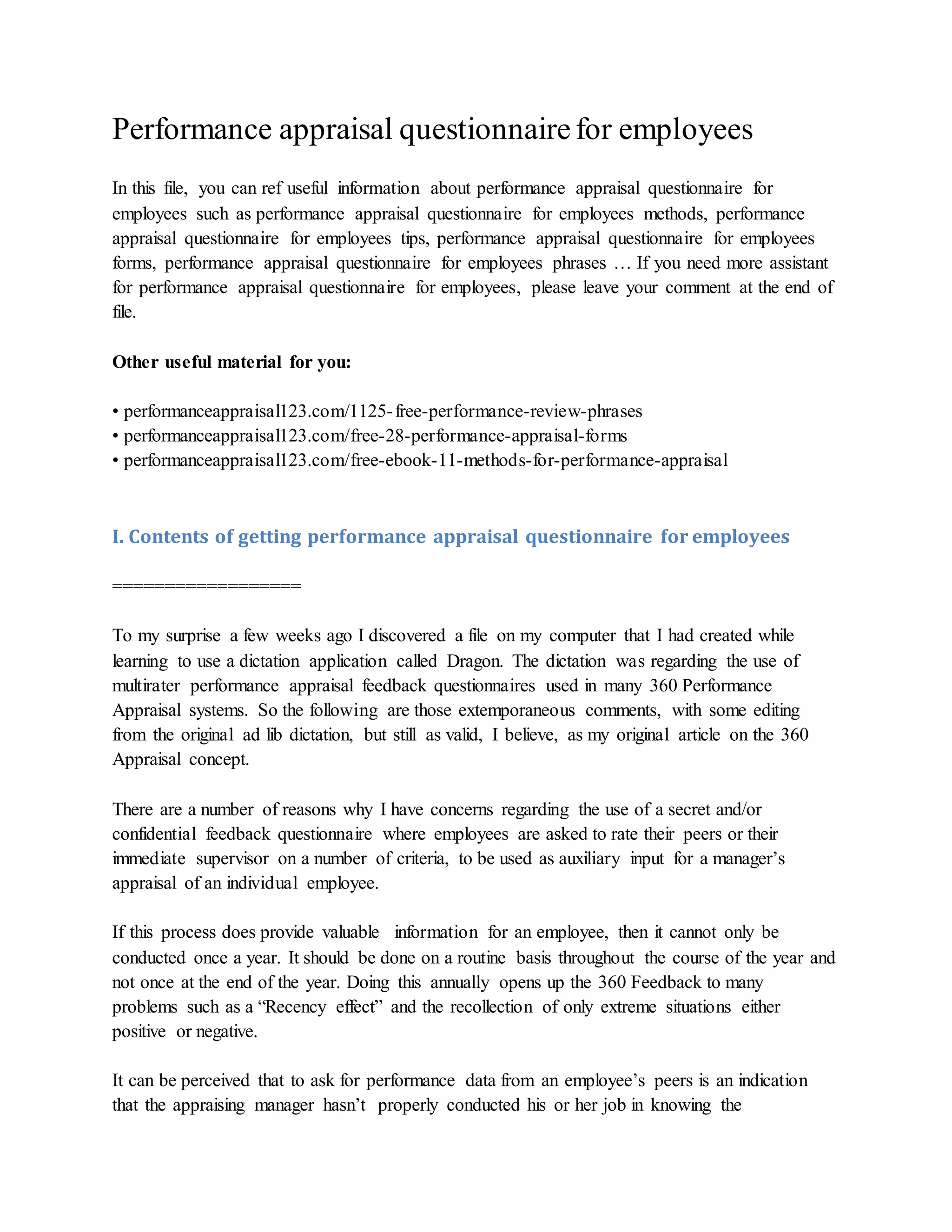 Performance appraisal questionnaire for employees | DOCX