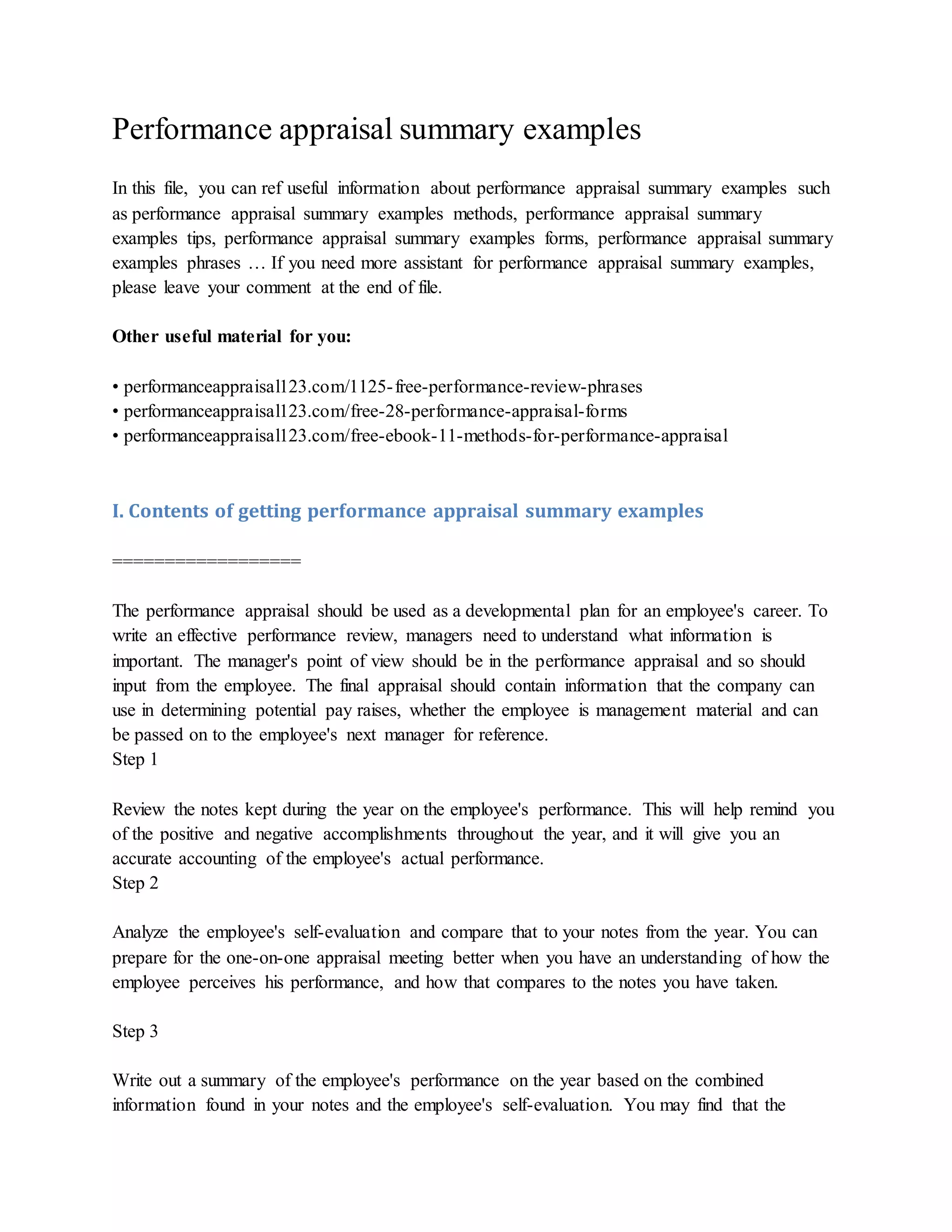 Performance Appraisal Summary Tips and Examples | PDF