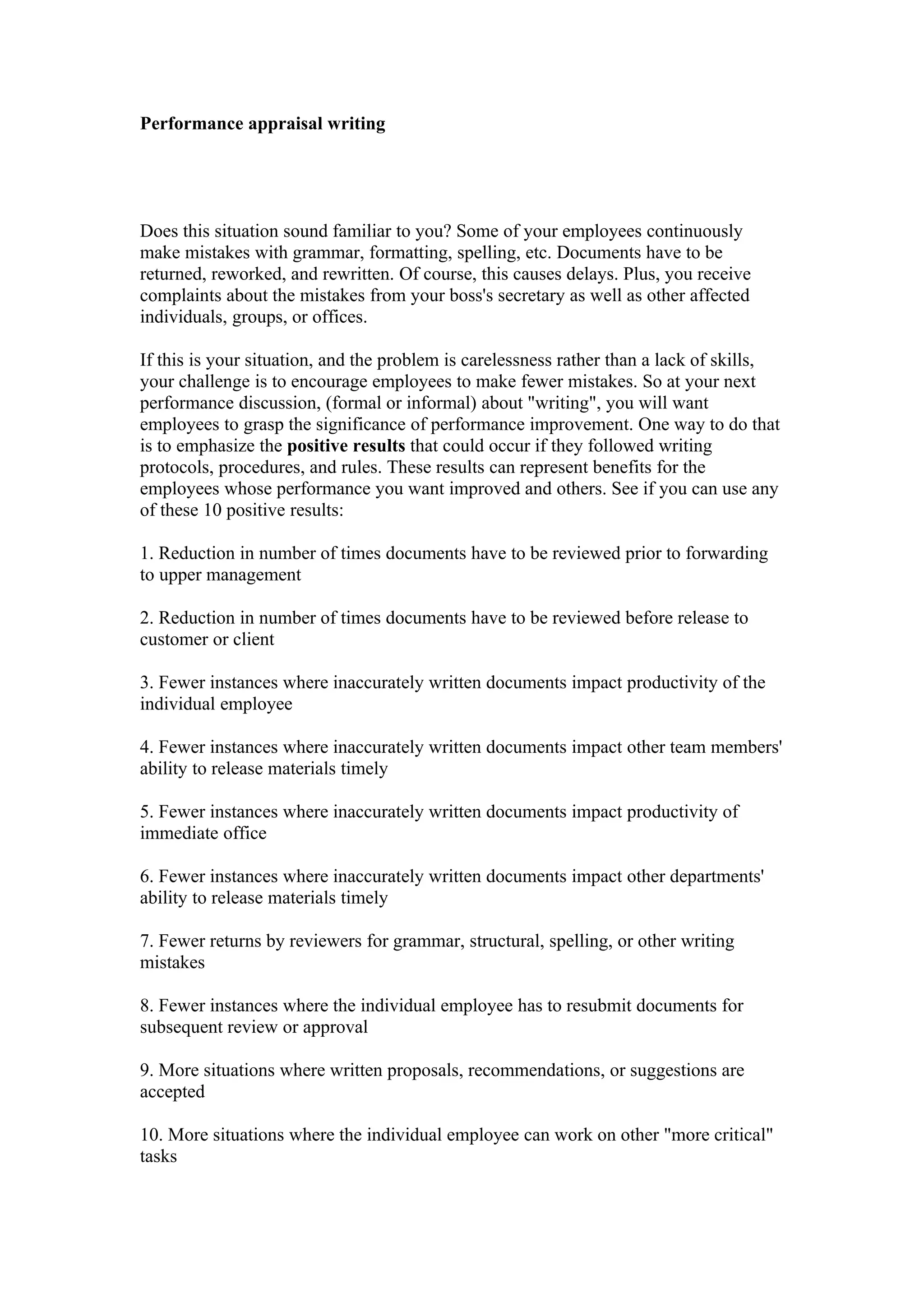 Performance appraisal writing | DOC