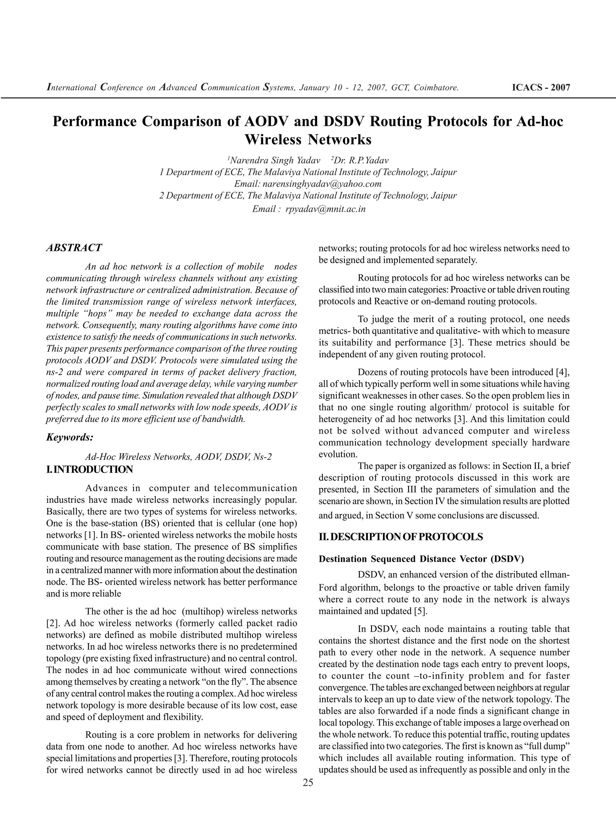 Performance Comparison Of Aodv And Dsdv Routing Protocols For Ad Hoc