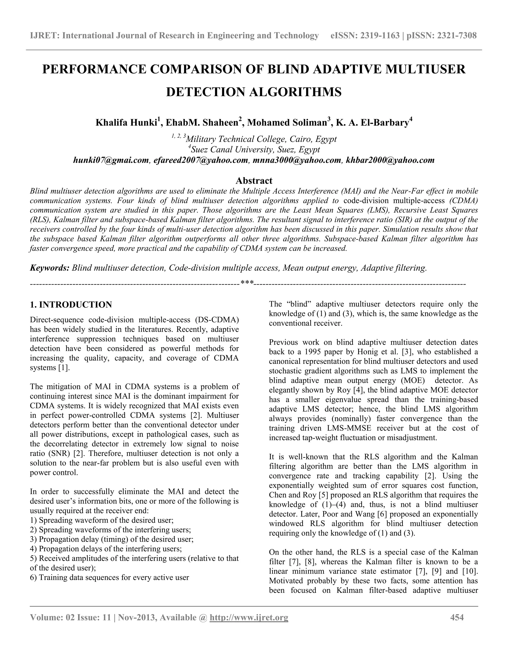 Performance Comparison Of Blind Adaptive Multiuser Detection Algorithms Pdf Digital Audio