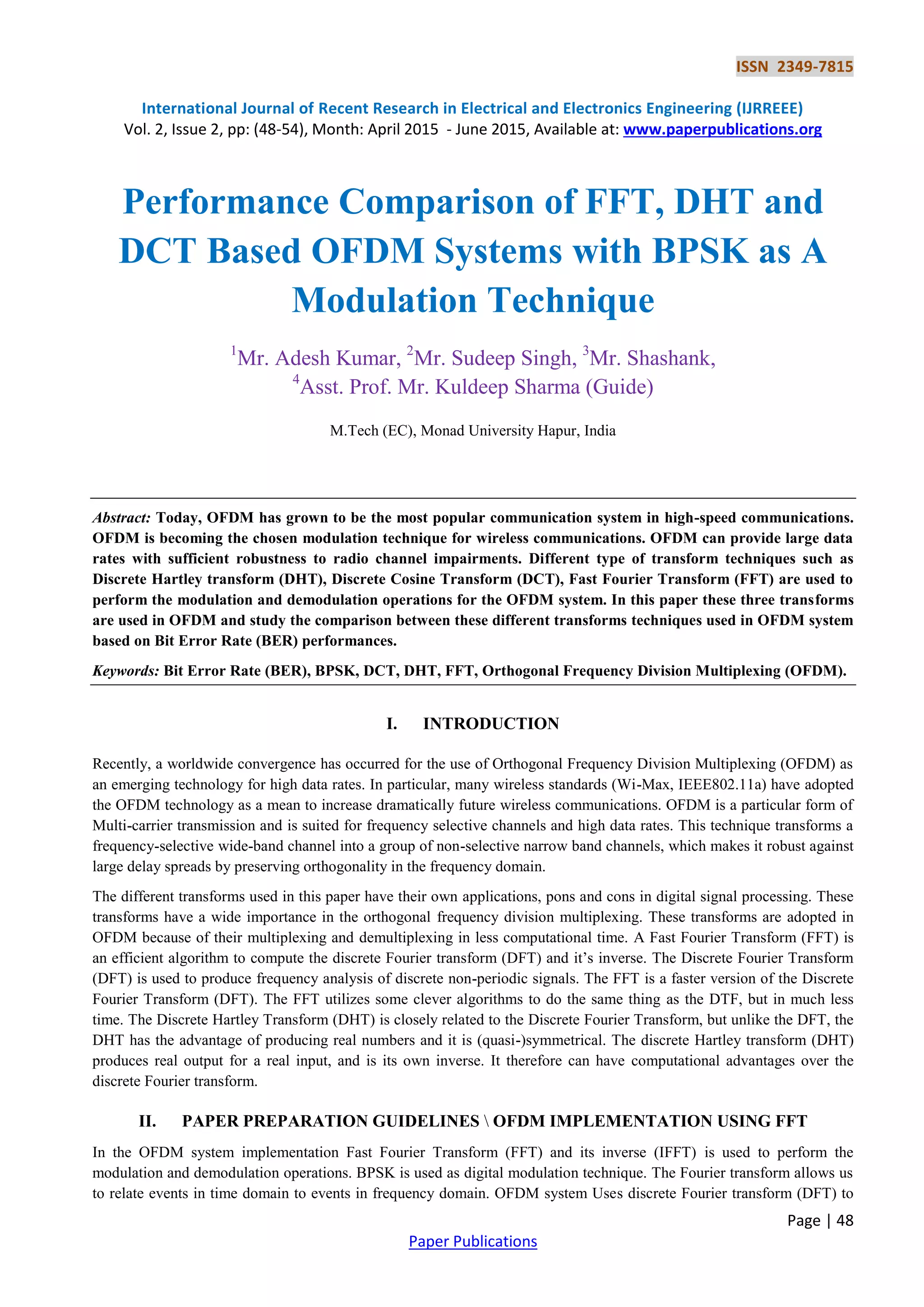 Performance Comparison Of Fft Dht And Dct Based Ofdm Systems With Bpsk As A Modulation