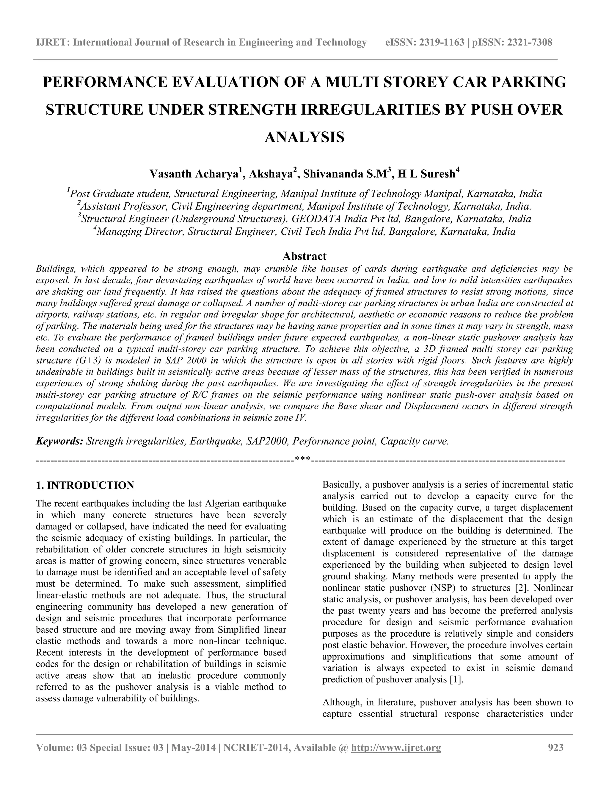 Performance evaluation of a multi storey car parking structure under strength irregularities by ...
