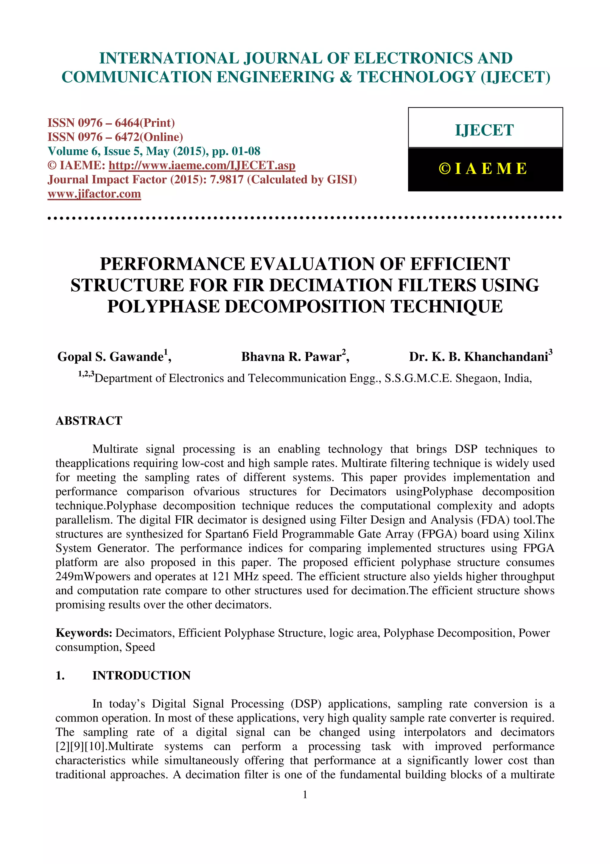 Performance Evaluation Of Efficient Structure For Fir Decimation Filters Using Polyphase