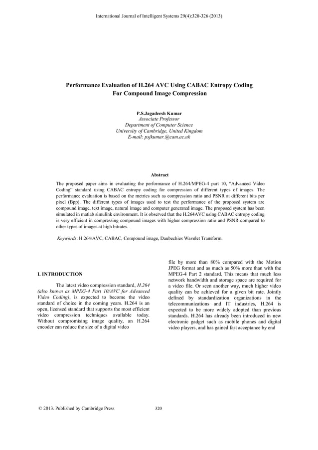 Performance Evaluation of H.264 AVC Using CABAC Entropy Coding For Compound Image Compression | PDF