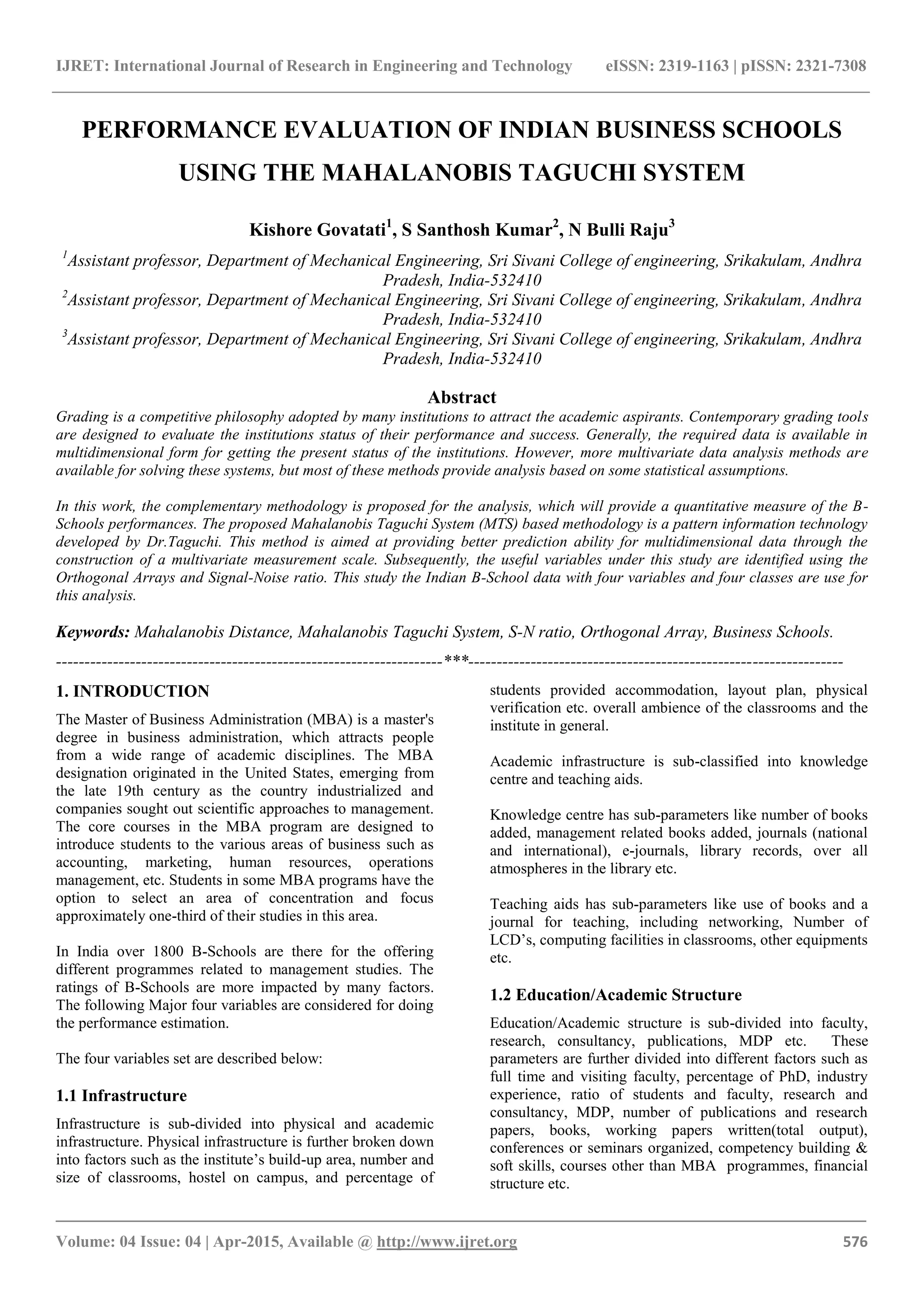 Performance evaluation of indian business schools using the mahalanobis taguchi system | PDF