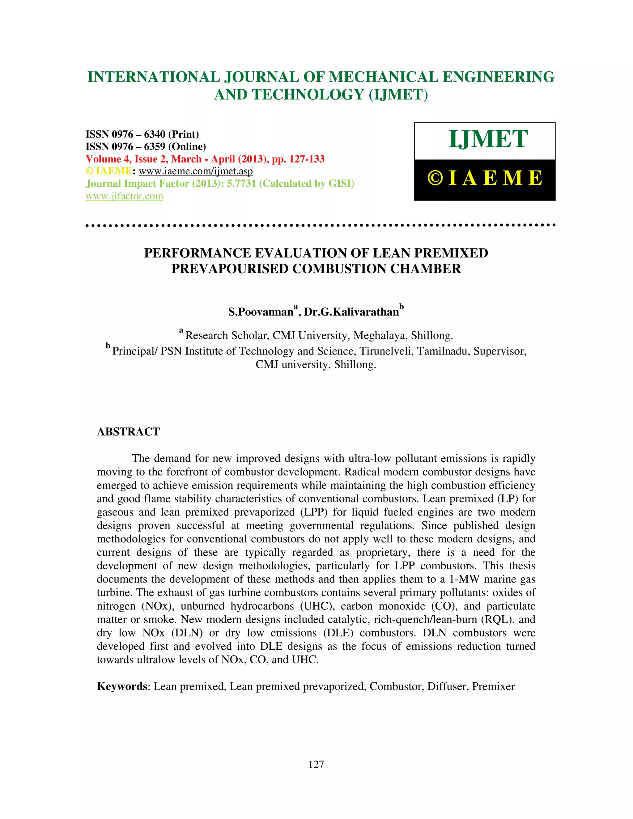 Performance evaluation of lean premixed prevapourised combustion chamber | PDF