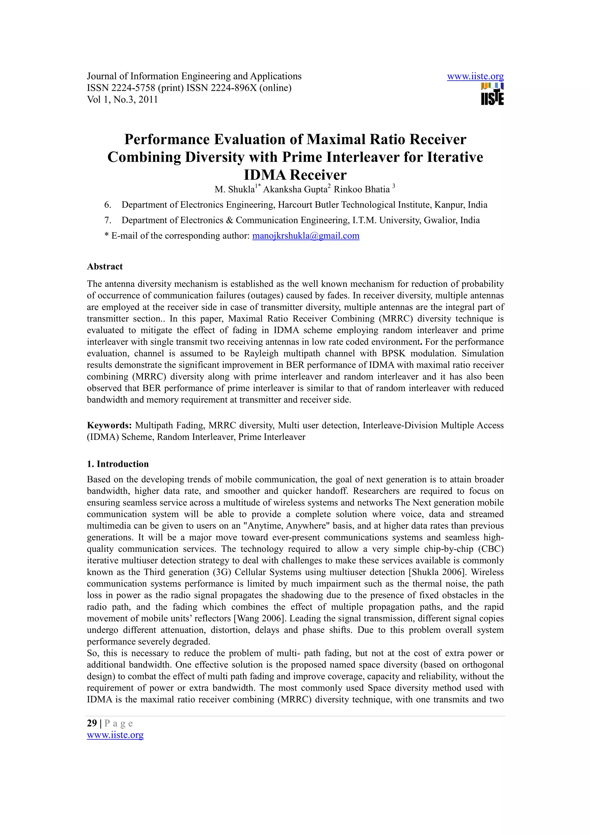 Performance Evaluation Of Maximal Ratio Receiver Combining Diversity With Prime Interleaver For