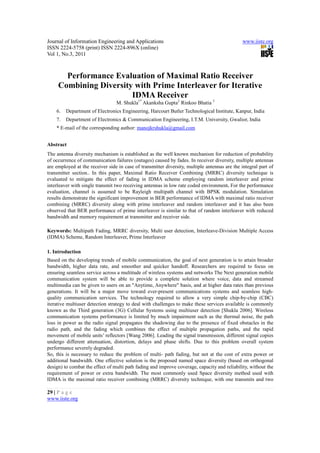 Performance evaluation of maximal ratio receiver combining diversity with prime interleaver for ...