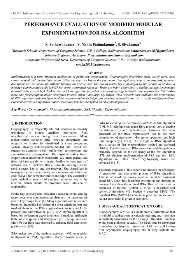 Performance Evaluation Of Modified Modular Exponentiation For Rsa