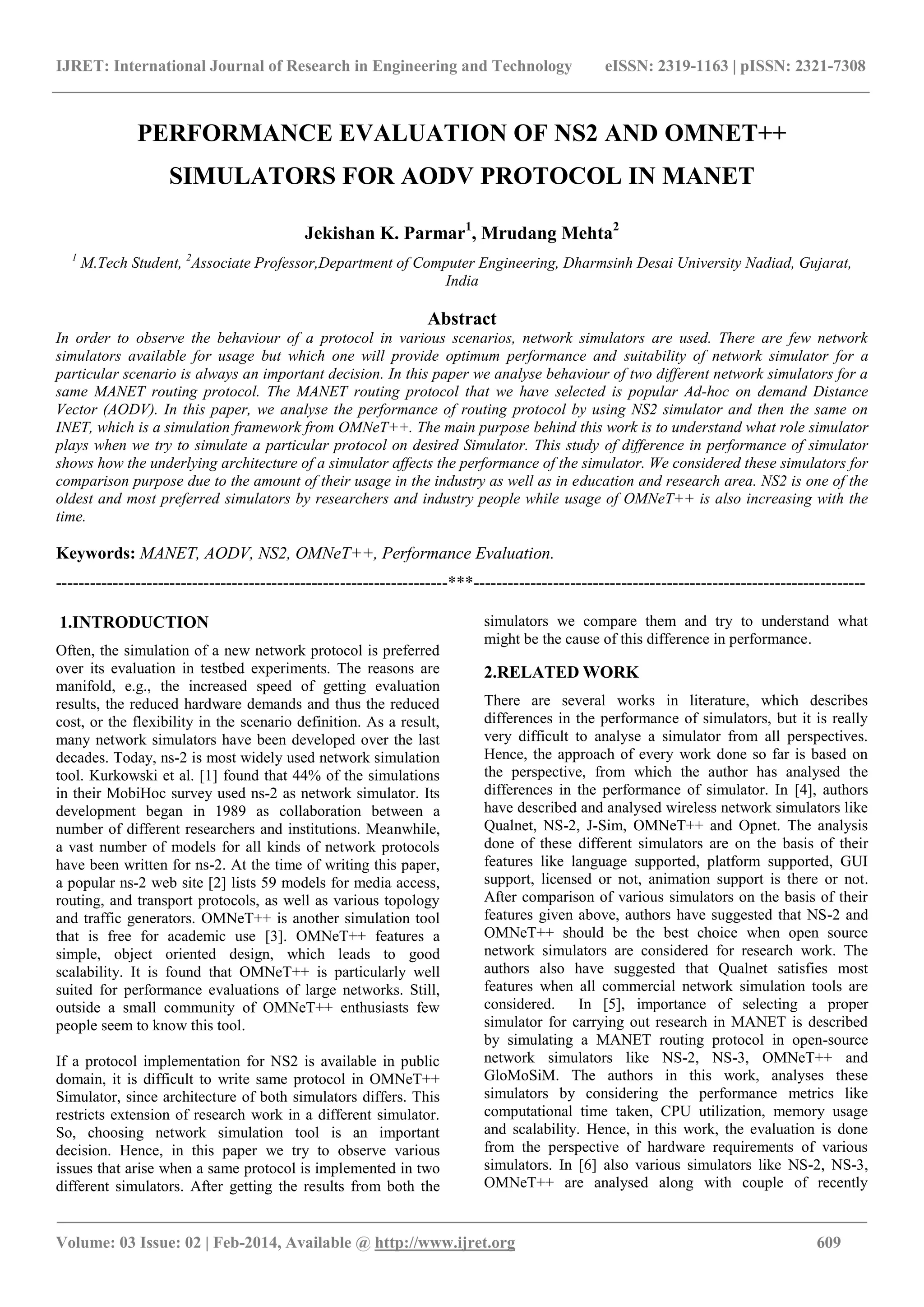 Performance evaluation of ns2 and omnet++ simulators for aodv protocol in manet | PDF