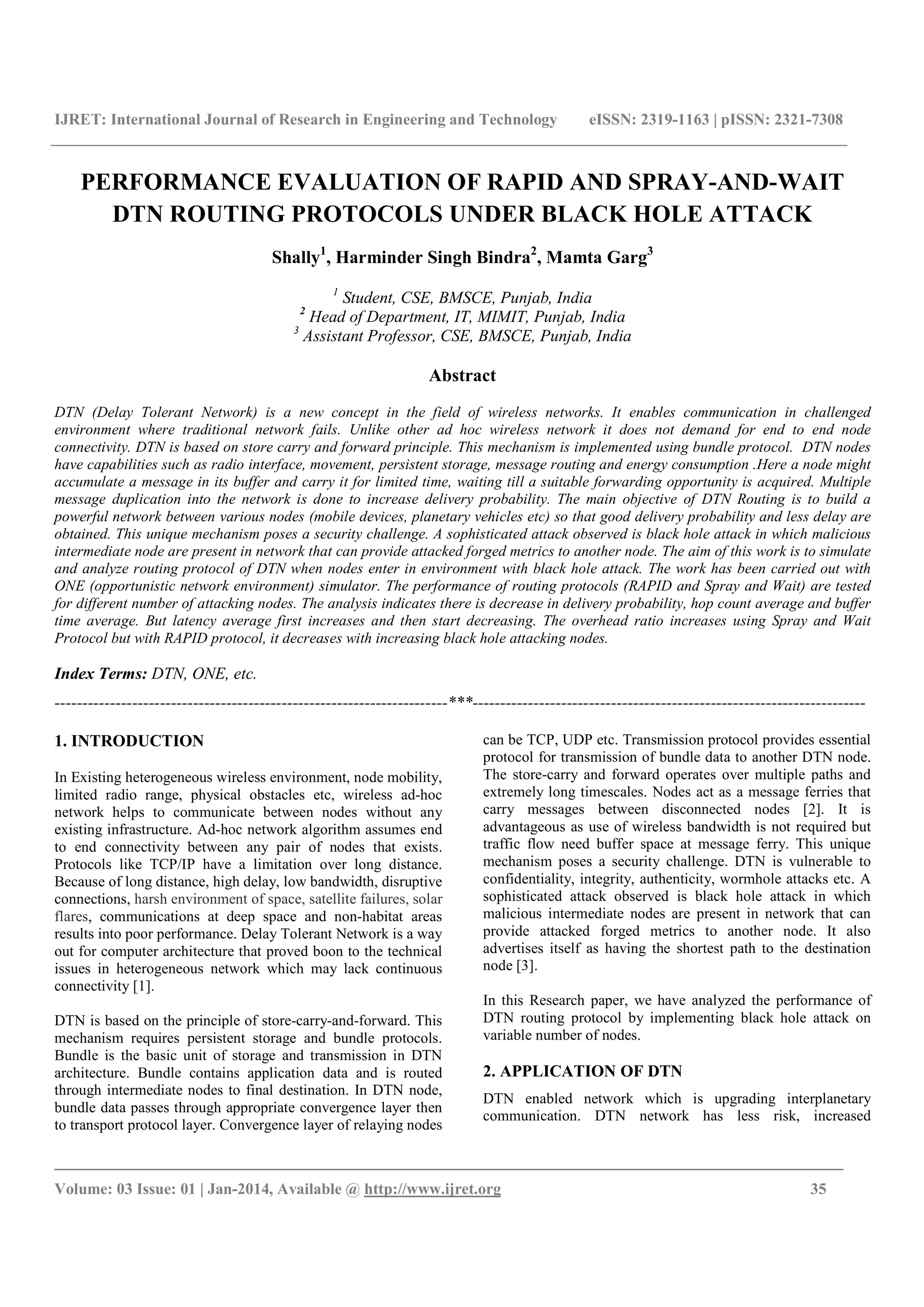Performance Evaluation Of Rapid And Spray And Wait Dtn Routing Protocols Under Black Hole Attack