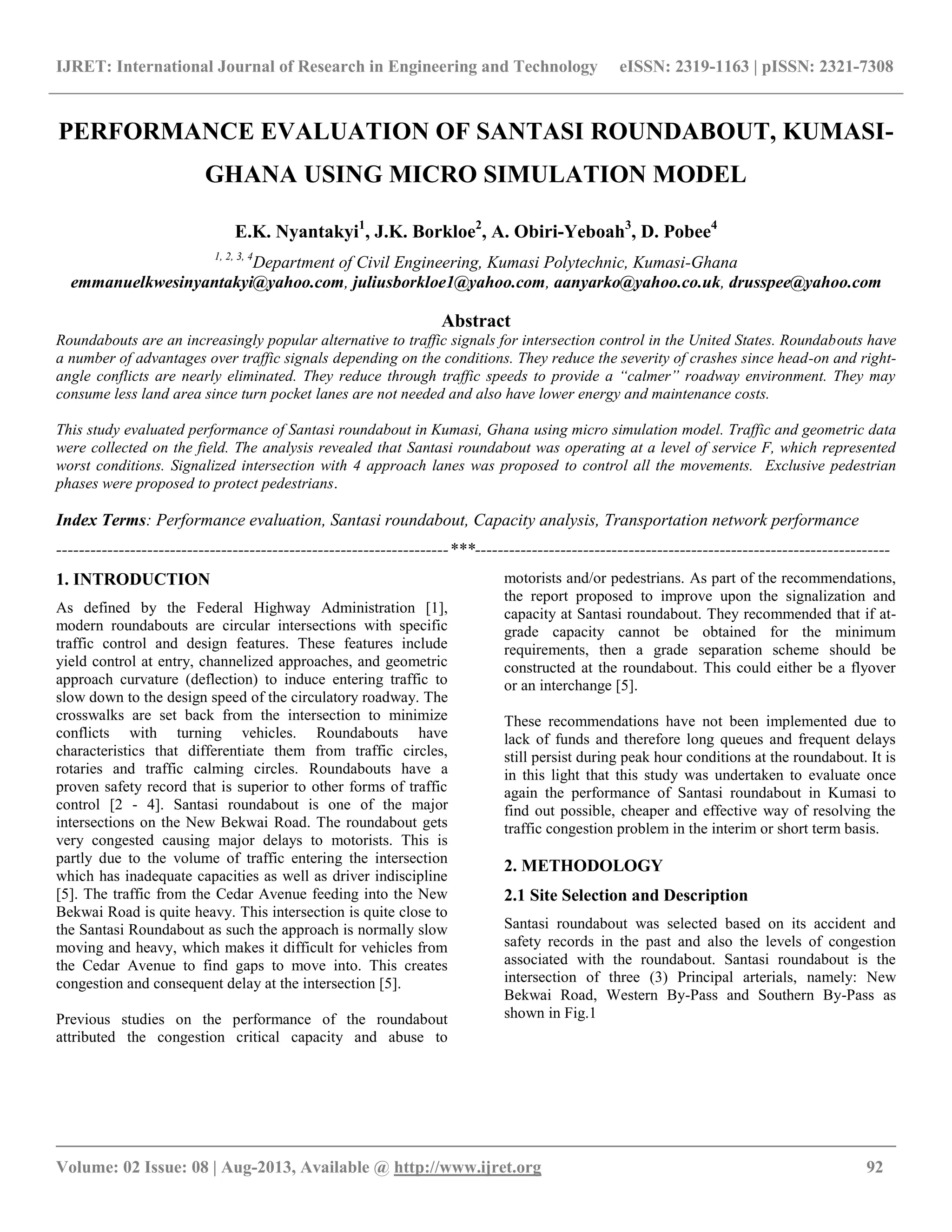Performance evaluation of santasi roundabout, kumasi ghana using micro ...