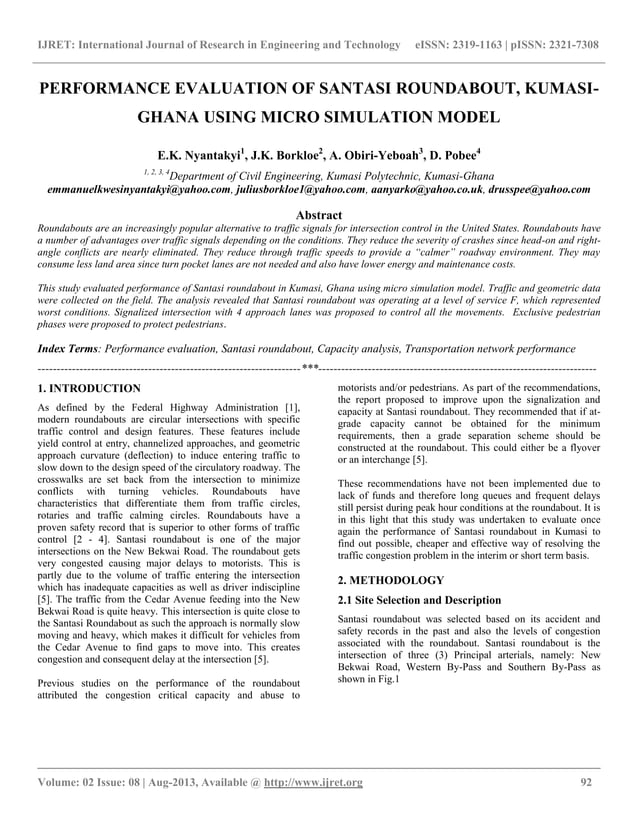 Performance evaluation of santasi roundabout, kumasi ghana using micro simulation model | PDF