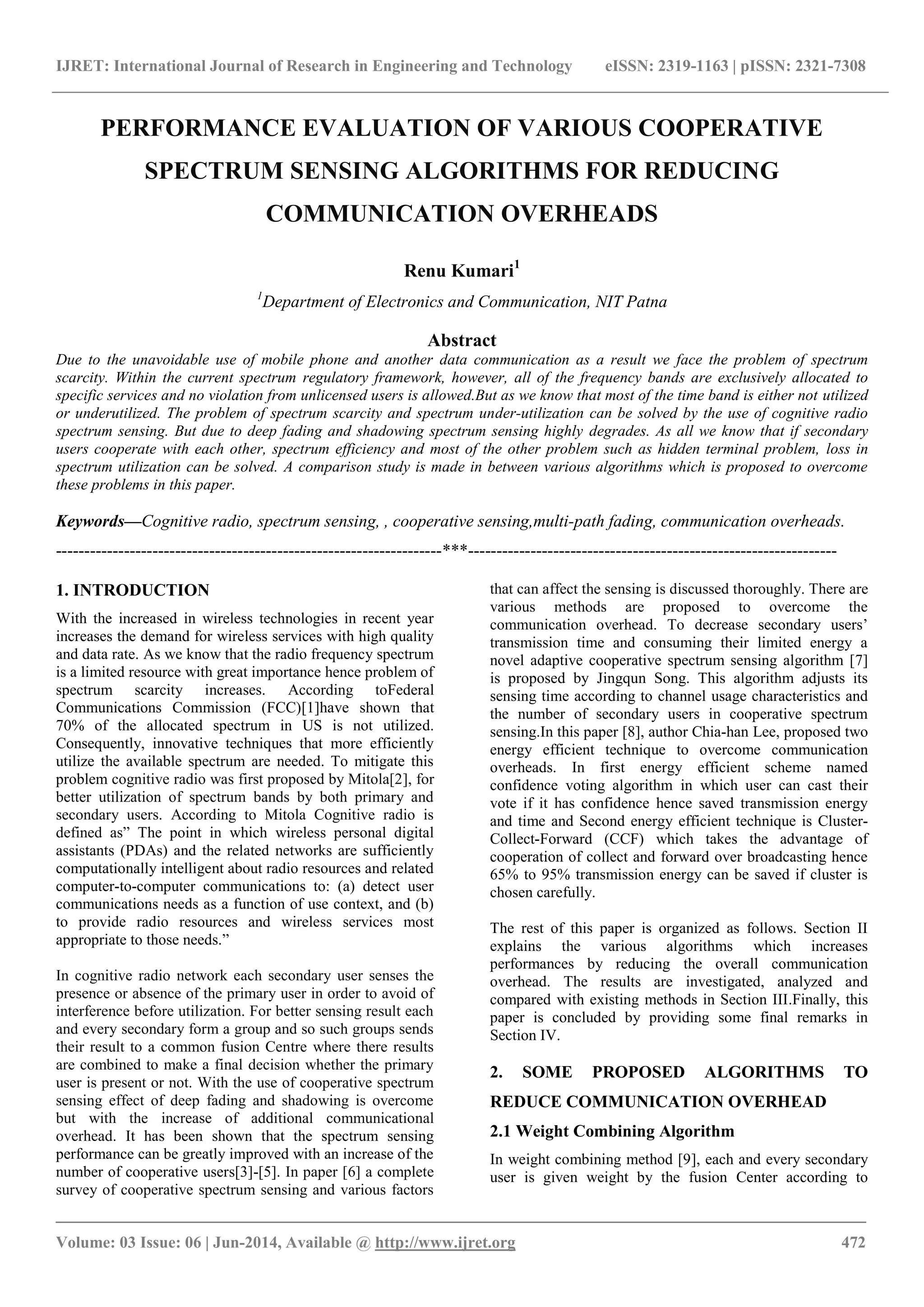 Performance Evaluation Of Various Cooperative Spectrum Sensing