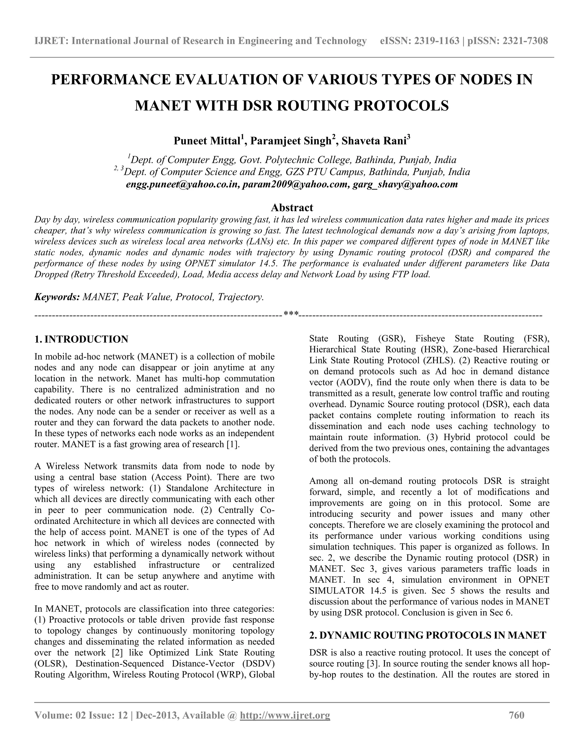 Performance evaluation of various types of nodes in manet with dsr routing protocols | PDF
