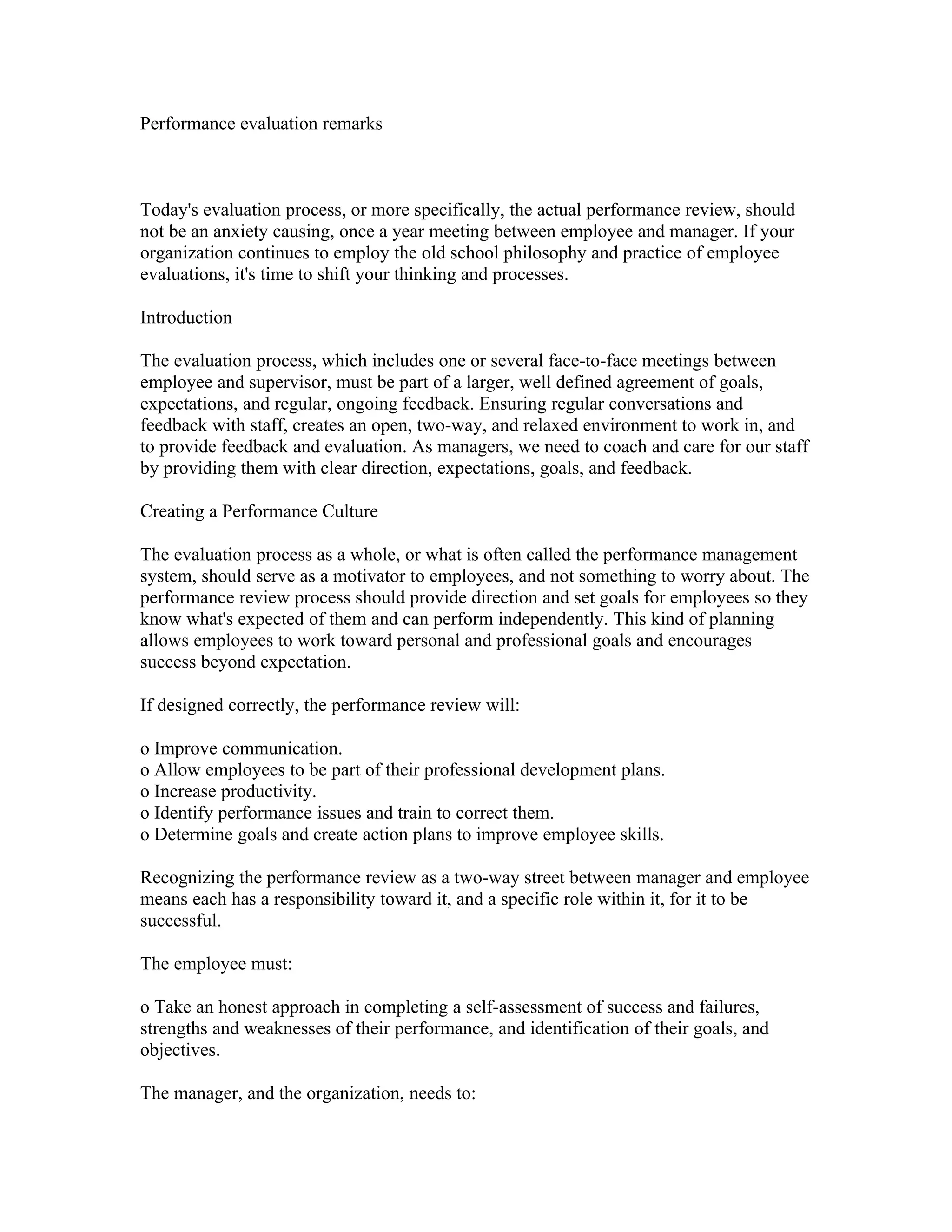 Performance evaluation remarks | DOC | Resume Writing and Advice | Job ...