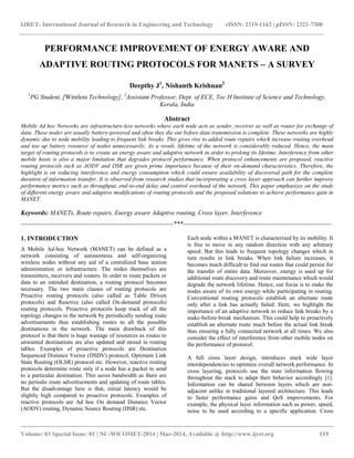 Performance improvement of energy aware and adaptive routing protocols for manets – a survey | PDF
