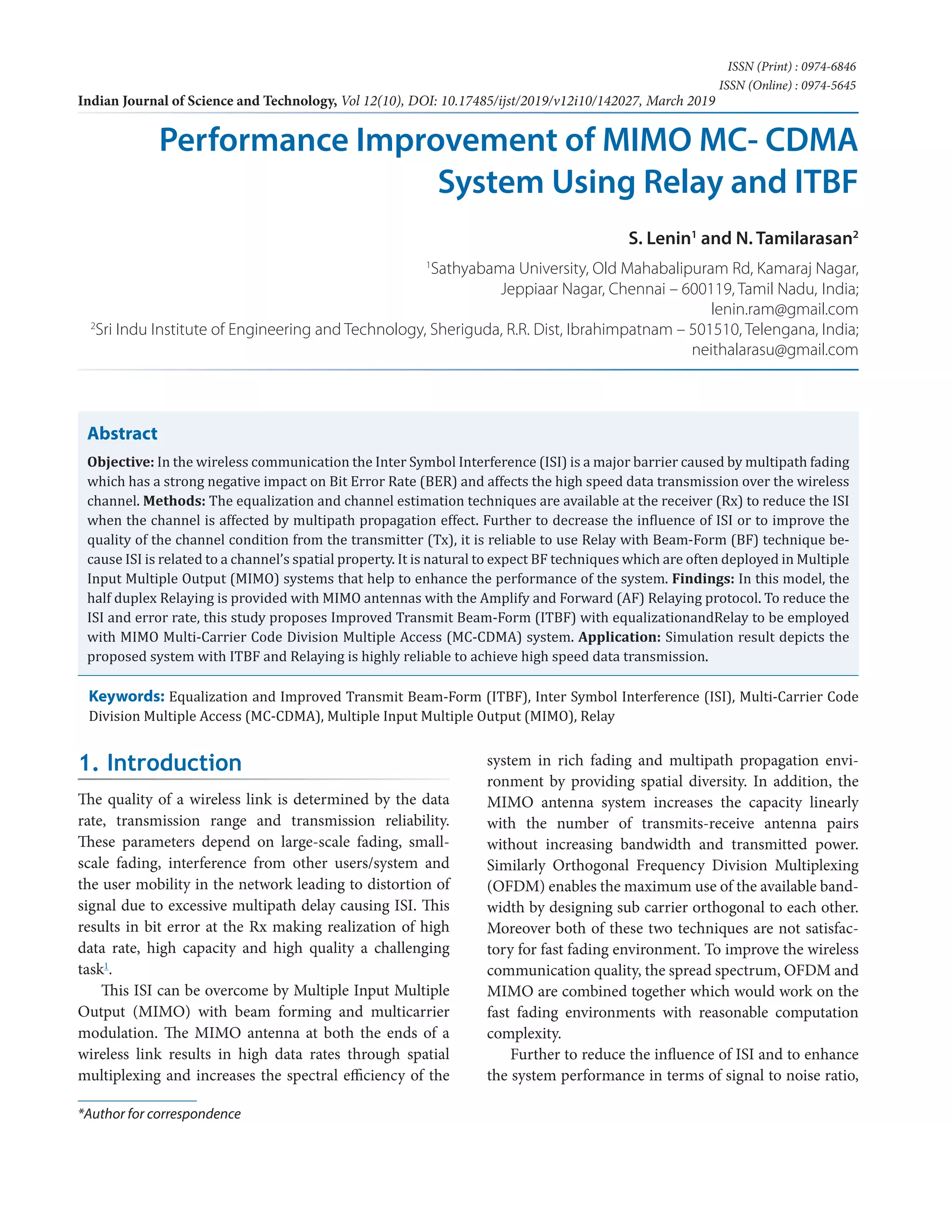 Performance improvement of mimo mc cdma system using relay and itbf | PDF