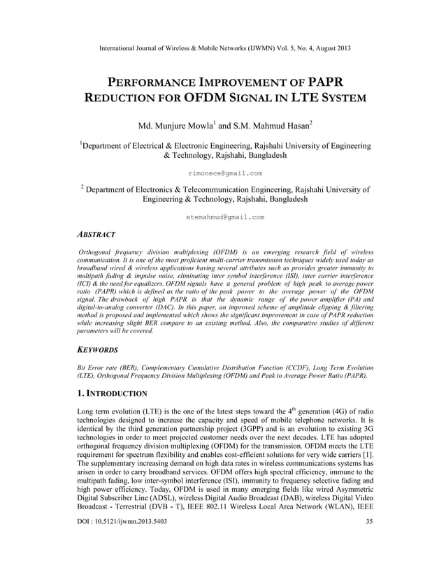 PERFORMANCE IMPROVEMENT OF PAPR REDUCTION FOR OFDM SIGNAL IN LTE SYSTEM | PPT