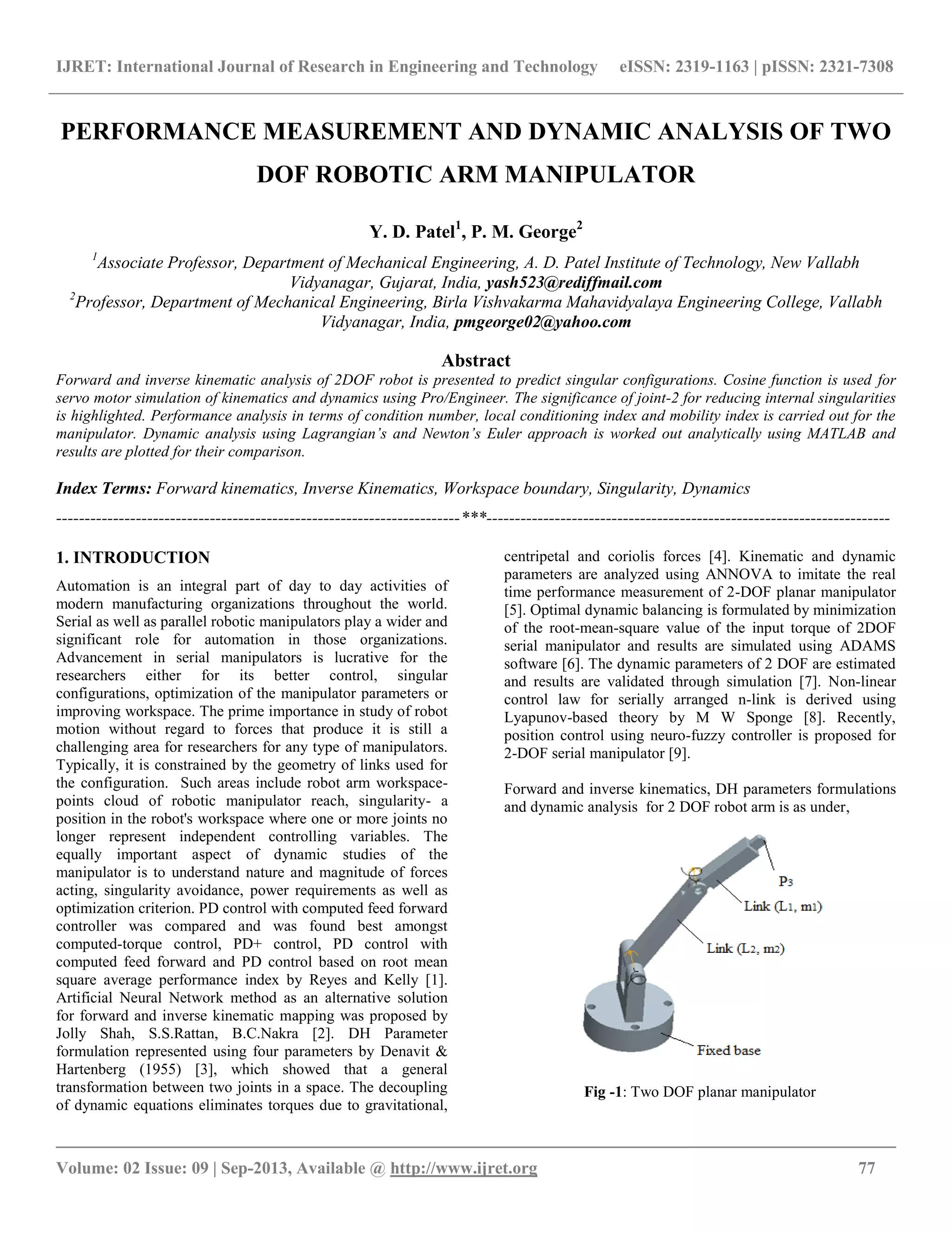 Performance measurement and dynamic analysis of two dof robotic arm manipulator | PDF
