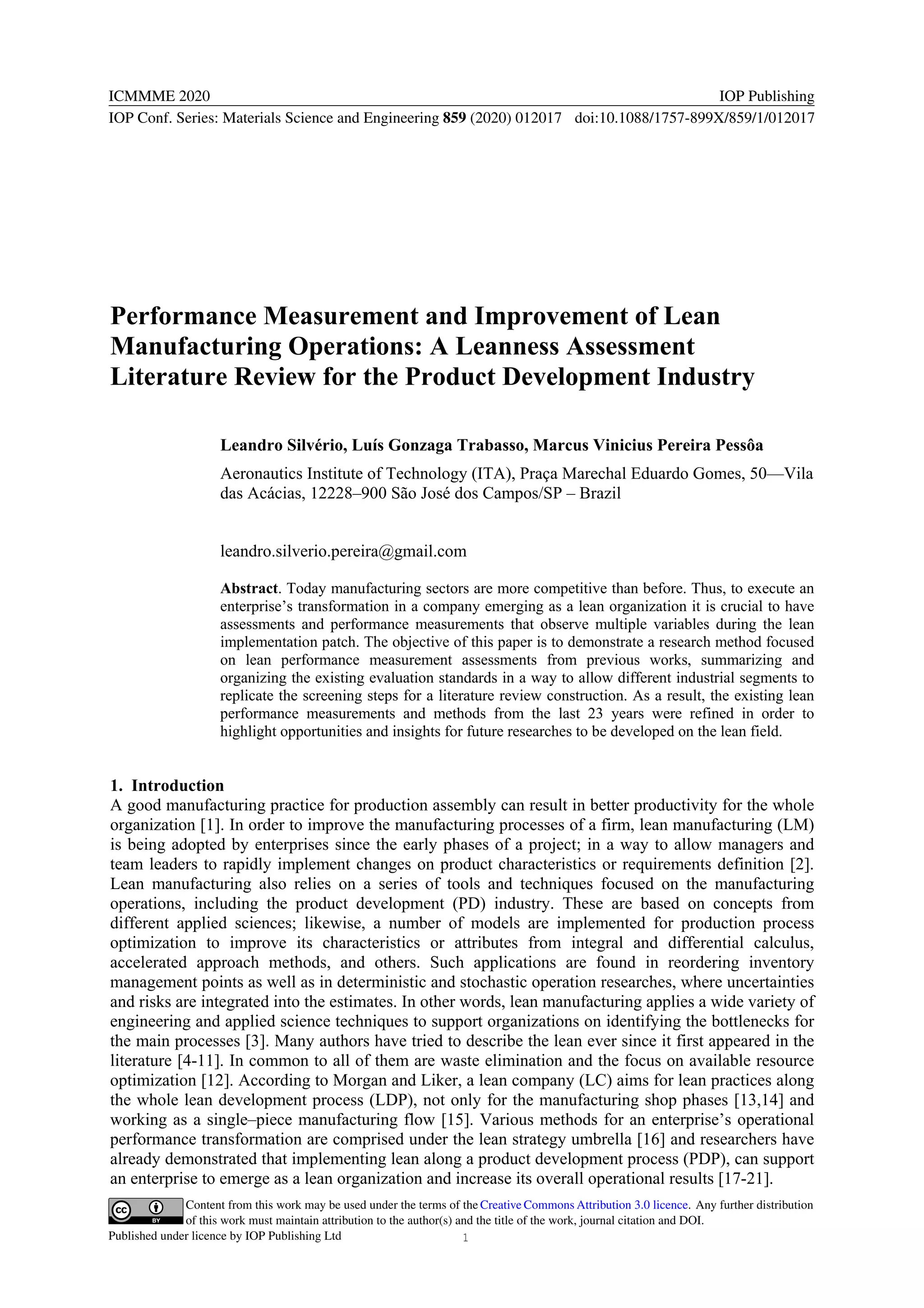 Performance Measurement and Improvement of Lean Manufacturing ...