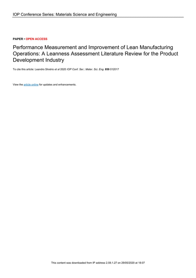Performance Measurement and Improvement of Lean Manufacturing Operations: A Leanness Assessment ...