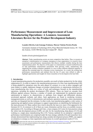 Performance Measurement and Improvement of Lean Manufacturing Operations: A Leanness Assessment ...