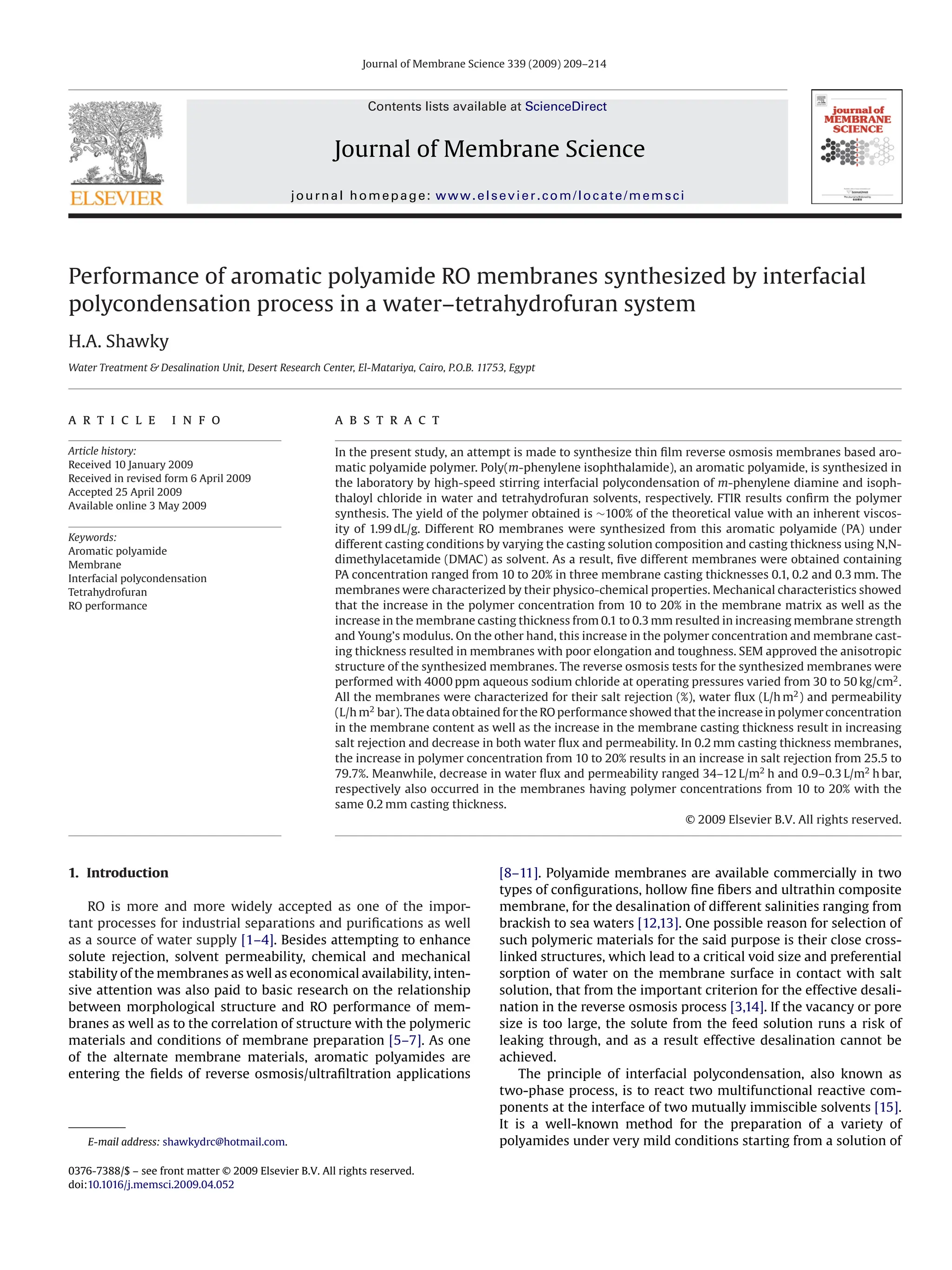 Performance of aromatic polyamide RO membranes synthesized by ...