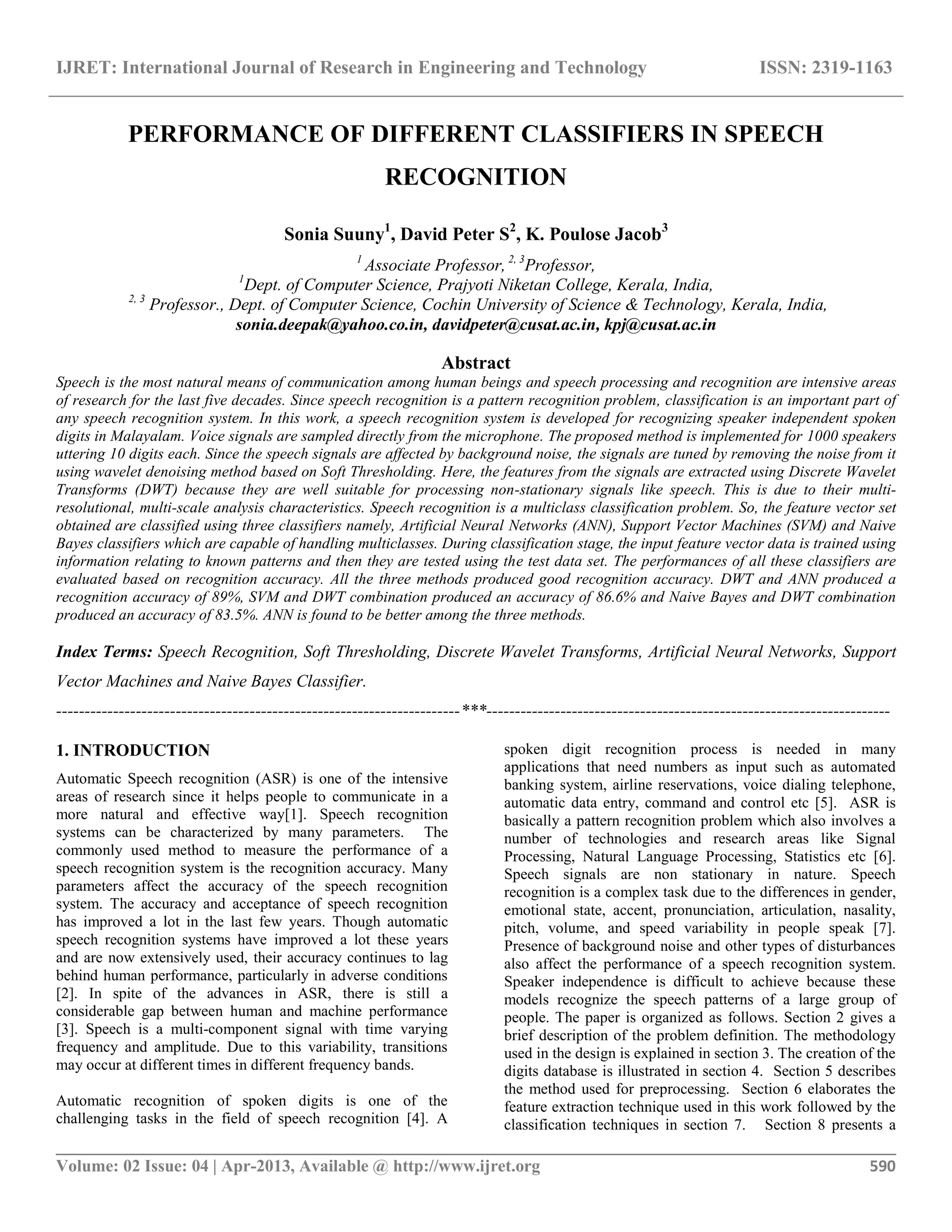 Performance Of Different Classifiers In Speech Recognition Pdf