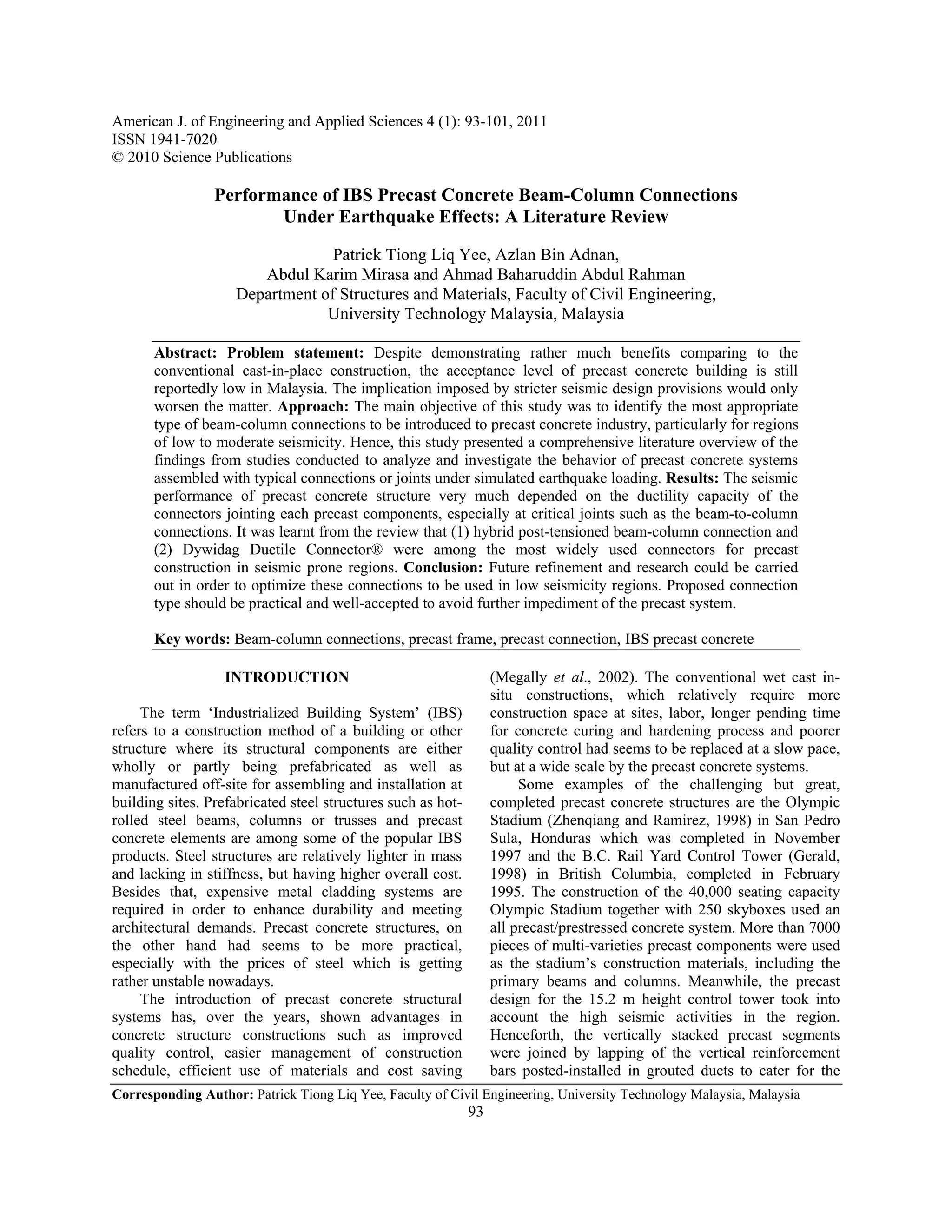Performance of ibs precast concrete beam column connections under ...