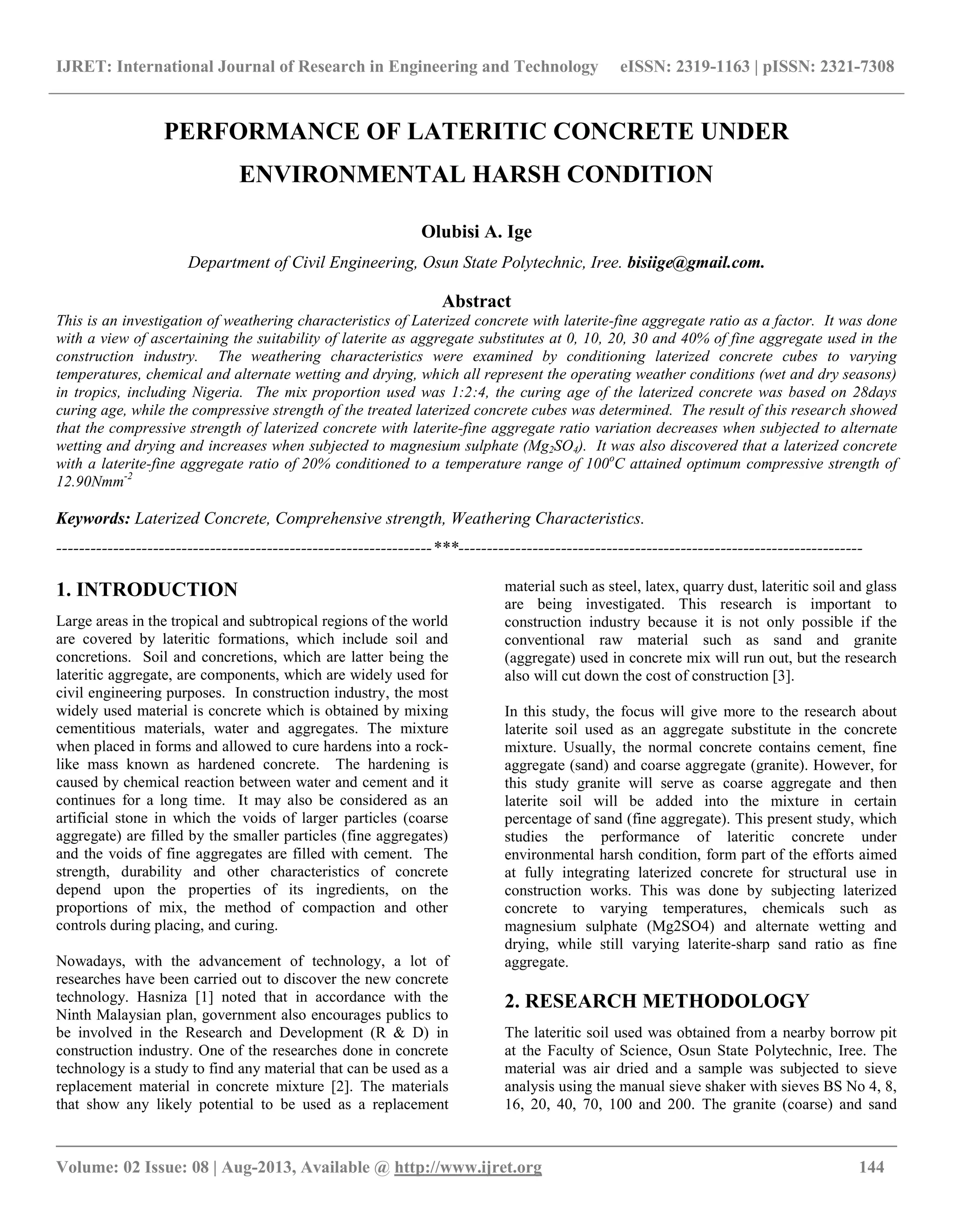 Performance of lateritic concrete under environmental harsh condition | PDF